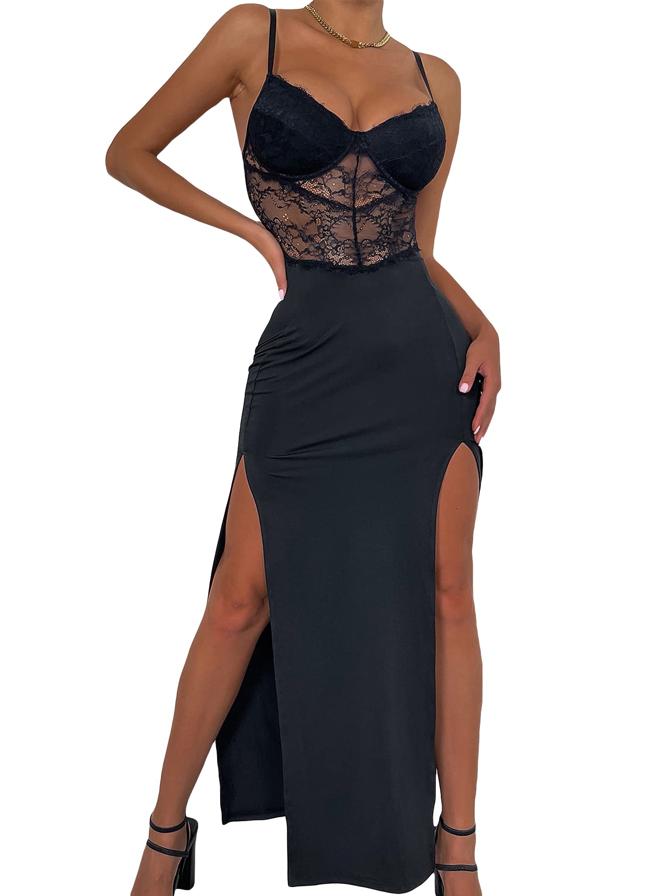 SOLY HUX Women's Sexy Lace Trim Split Hem Spaghetti Strap Cami Dress Long Maxi Dresses Solid Black L