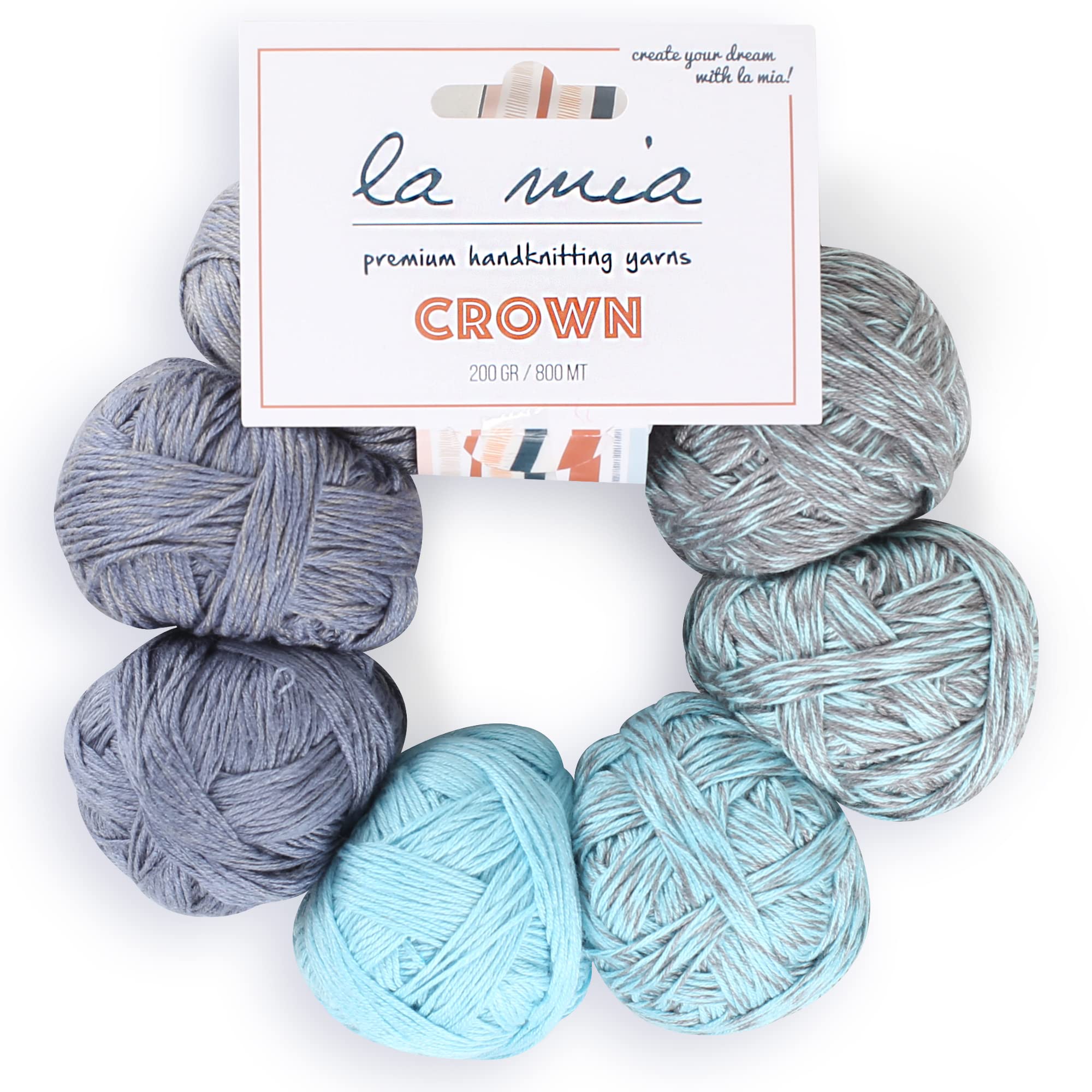 8 Balls La Mia Crown Yarn, Total 7.05 Oz (200 gr), Each 0.88 Oz (25 gr), 800 mt (874 yds), Knitting and Crocheting, 50% Cotton and 50% Acrylic, 2 Weight Fine Yarn, Blue L904