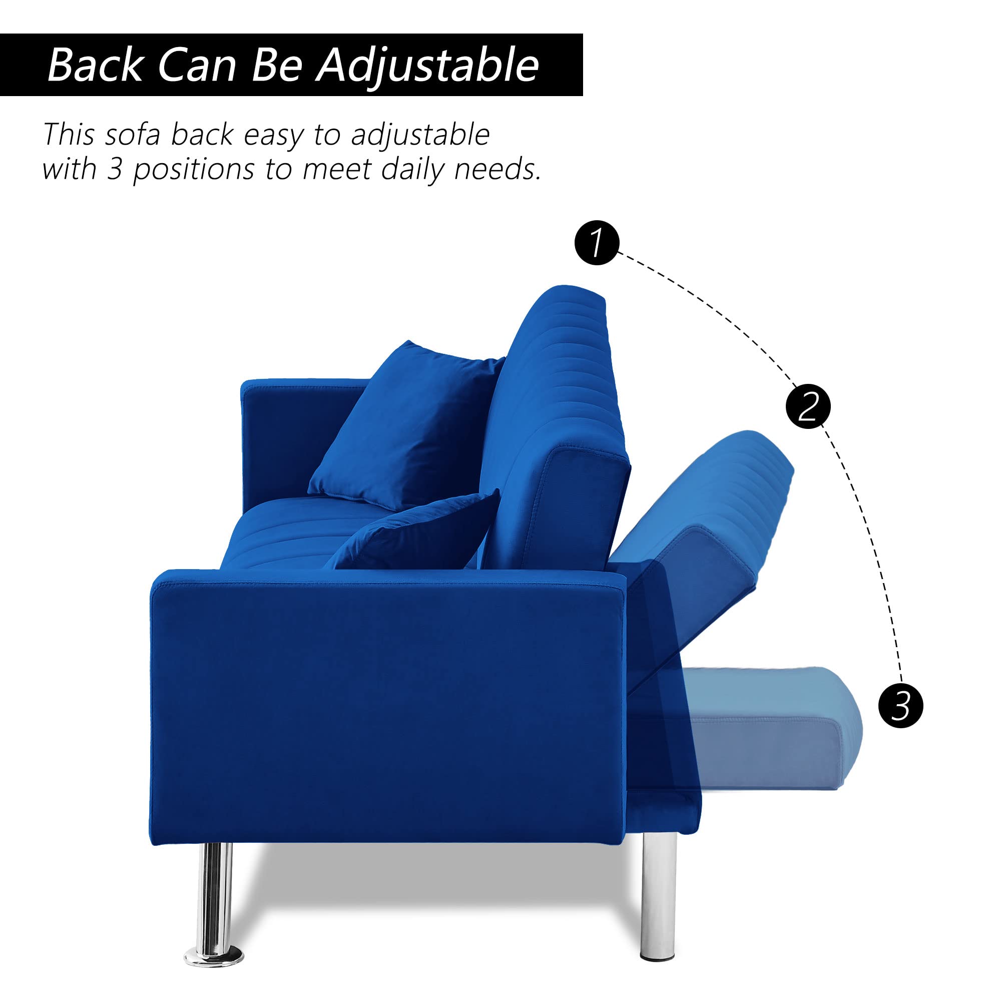 AWQM Sofa Bed, Upholstered Convertible Sofa Bed with 2 Pillows, Modern Velvet Sleeper Sofa Couch with Wooden Frame and Metal Legs, Small Couch for Living Room Bedroom Office (Blue)