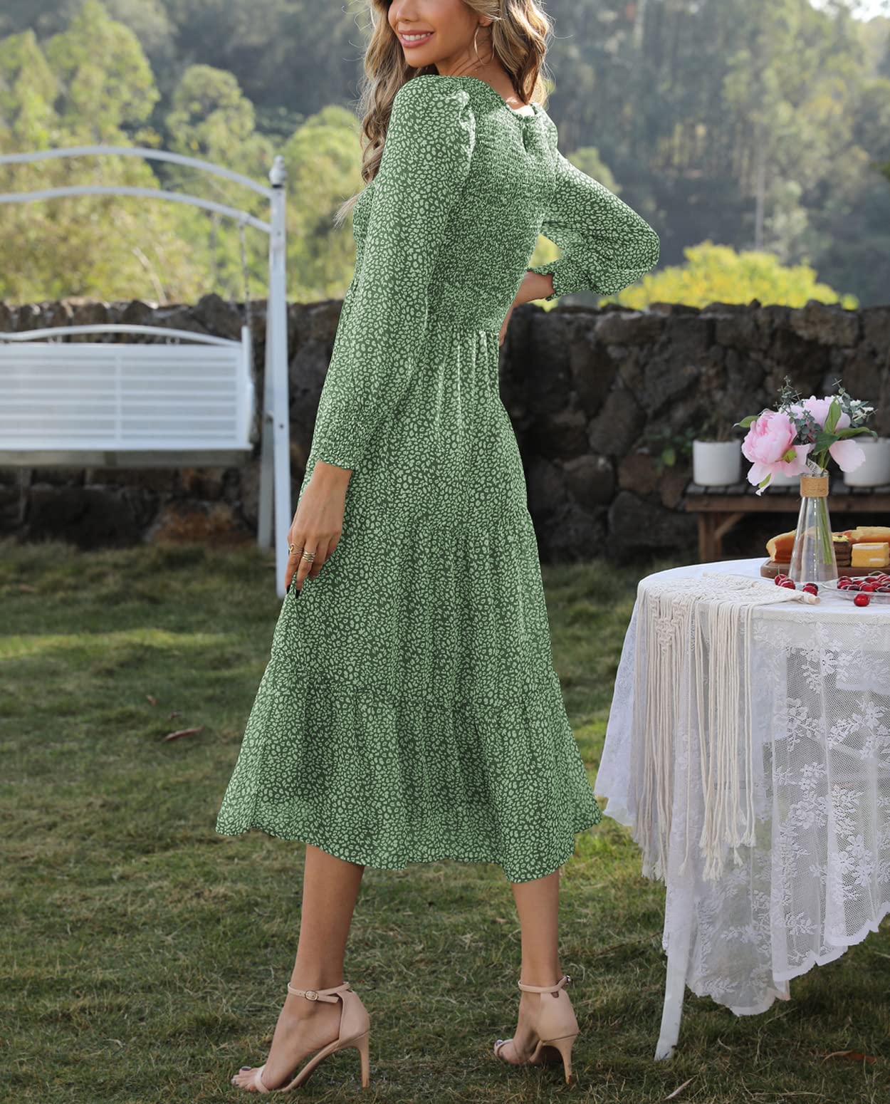 kimralur Womens Casual Long Sleeve Midi Fall Dress Crew Neck Boho Floral Print Smocked Ruffle Tiered Flowy Long Dress