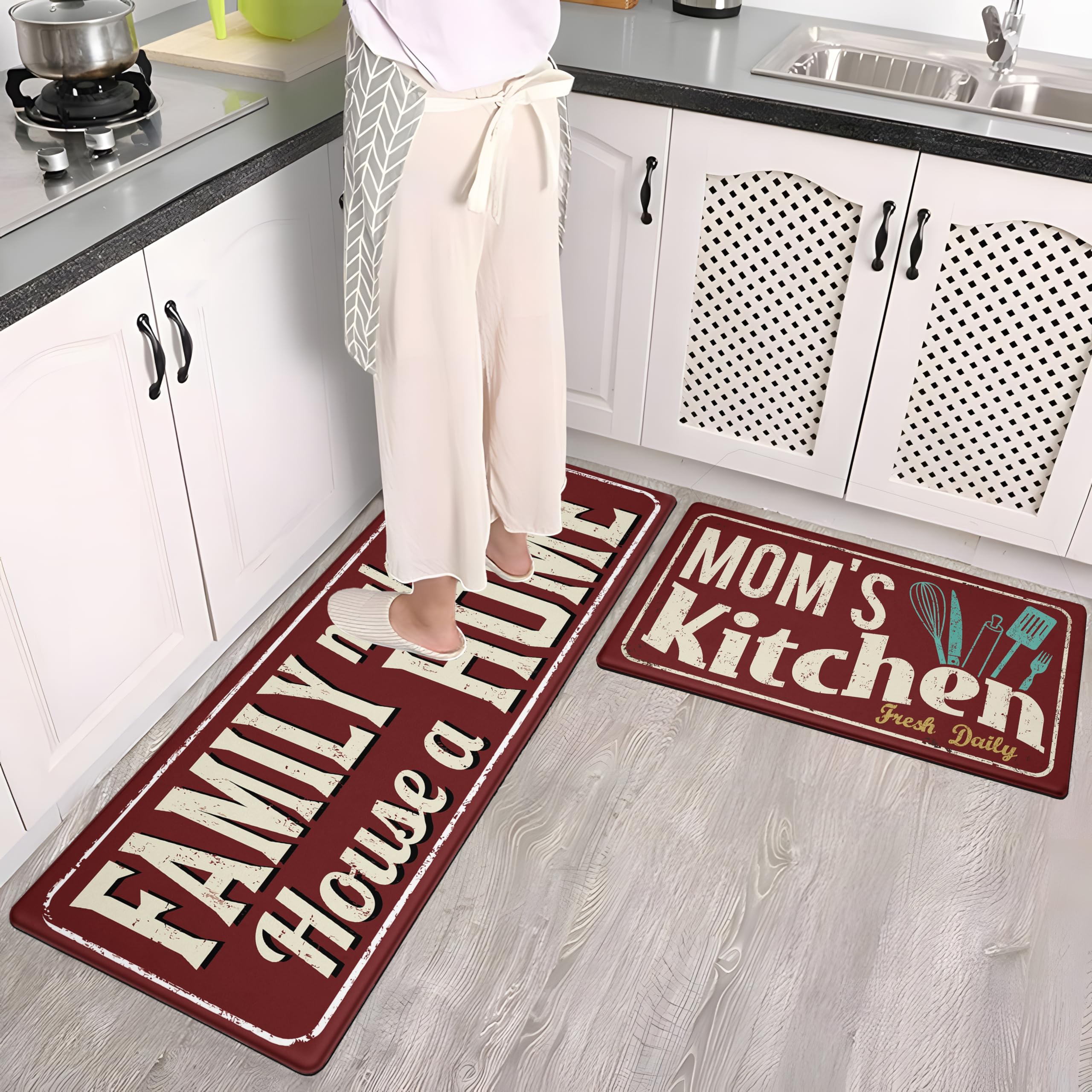 chiinvent Kitchen Mats for Floor Cushioned Anti Fatigue Mats for Kitchen Floor Red Kitchen Floor Mat Memory Foam Kitchen Rugs Sets of 2, 17.3x28 + 17.3x47, 0.4 inches