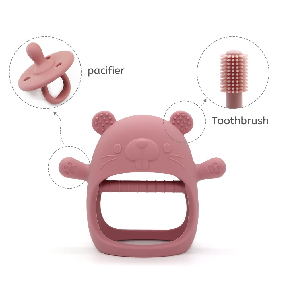 MOMMYS BABY Groundhog Teether Set, Baby Teething Toy, Anti Drop Silicone Mitten Teether, Infant Chew Toy, Teething Pain Relief Toy, Pacifier 2 in 1 |Beige, Dark Pink | Baby Teether Toy