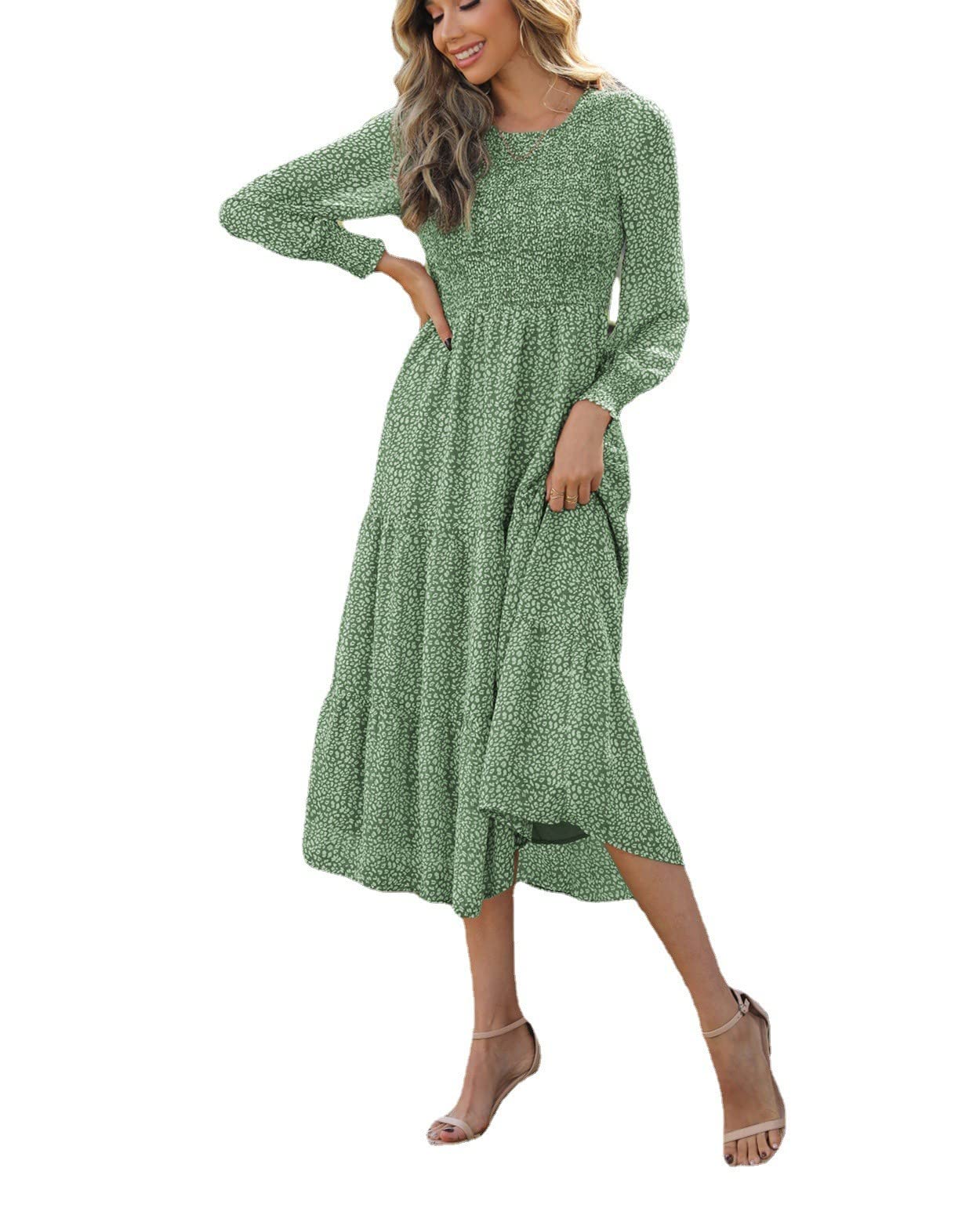 kimralur Womens Casual Long Sleeve Midi Fall Dress Crew Neck Boho Floral Print Smocked Ruffle Tiered Flowy Long Dress