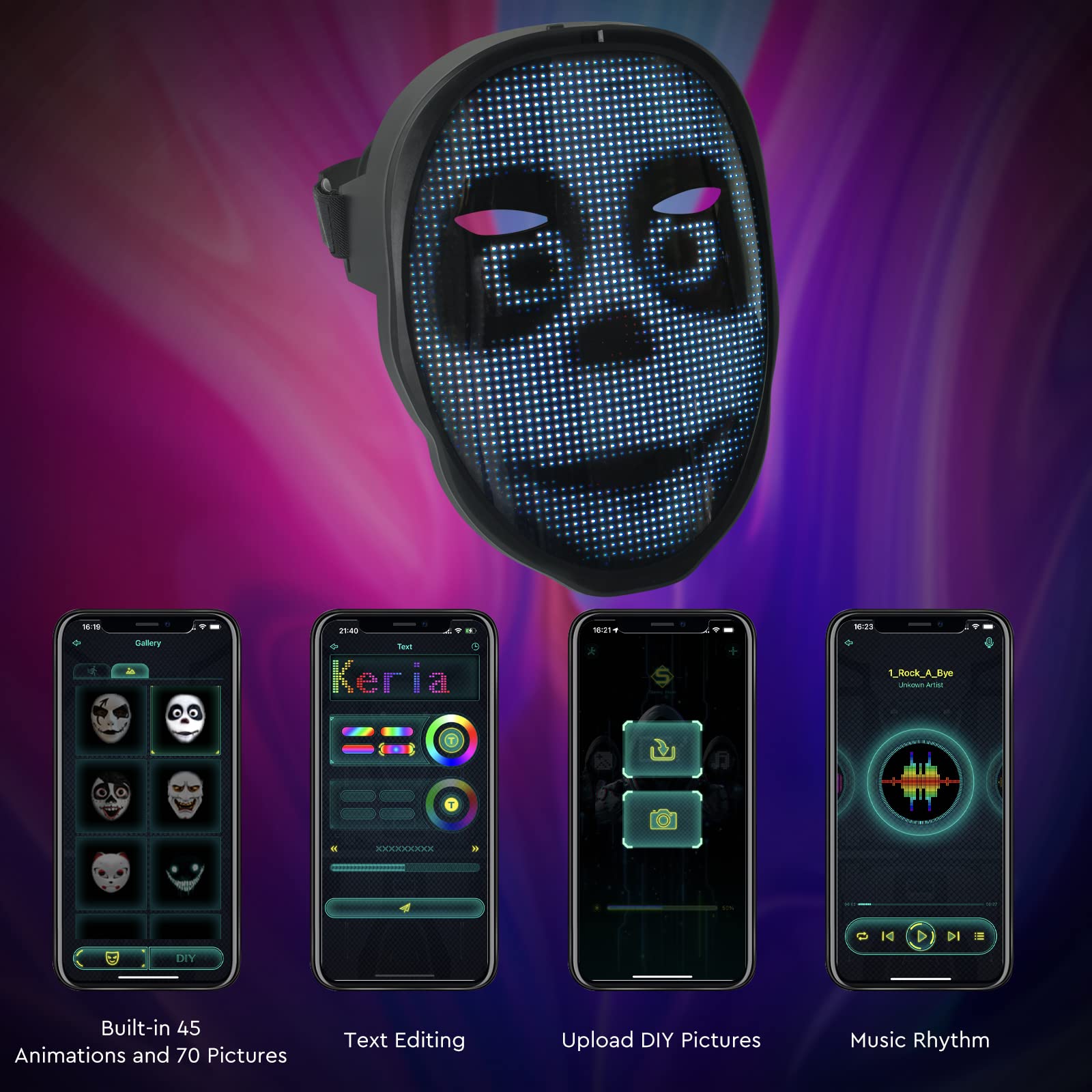 Keria Boywithuke Led Face Changing Mask Shining Mask with Bluetooth Controlled APP for Halloween,Christimas,New Year Party Gift