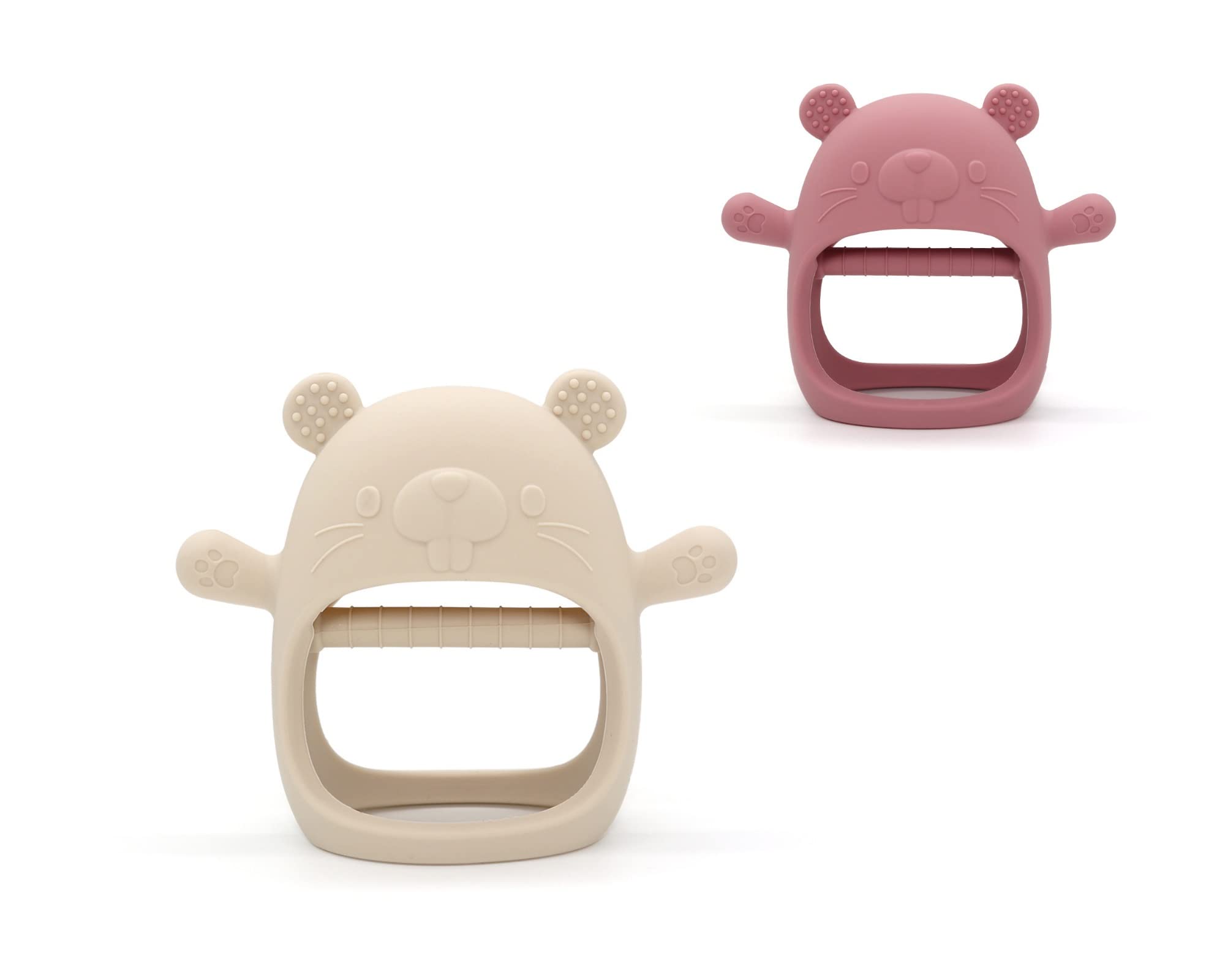 MOMMYS BABY Groundhog Teether Set, Baby Teething Toy, Anti Drop Silicone Mitten Teether, Infant Chew Toy, Teething Pain Relief Toy, Pacifier 2 in 1 |Beige, Dark Pink | Baby Teether Toy