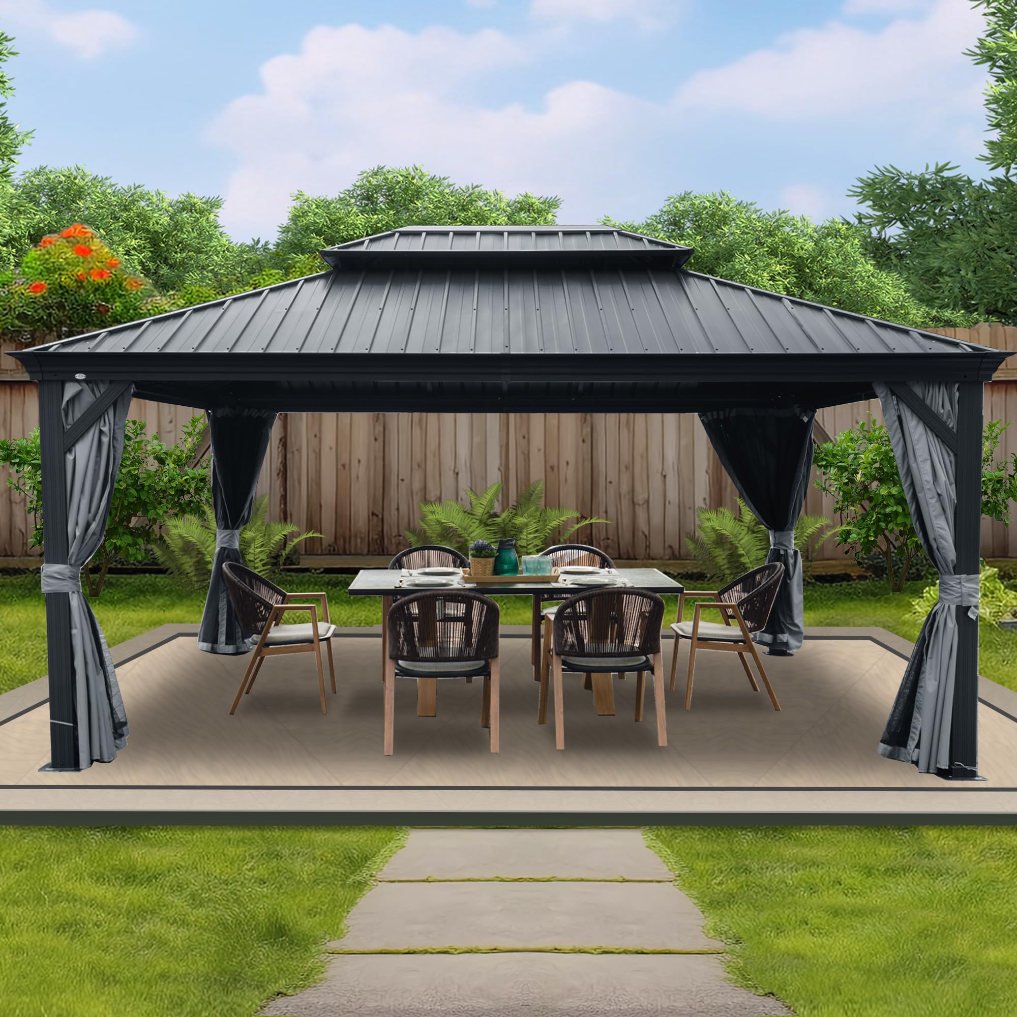 Kozyard Alexander 12' X 16' Hardtop Gazebo, Aluminum Metal Gazebo with Galvanized Steel Double Roof Canopy, Curtain and Netting, Permanent Gazebo Pavilion for Patio, Backyard, Deck, Lawn (Gray)