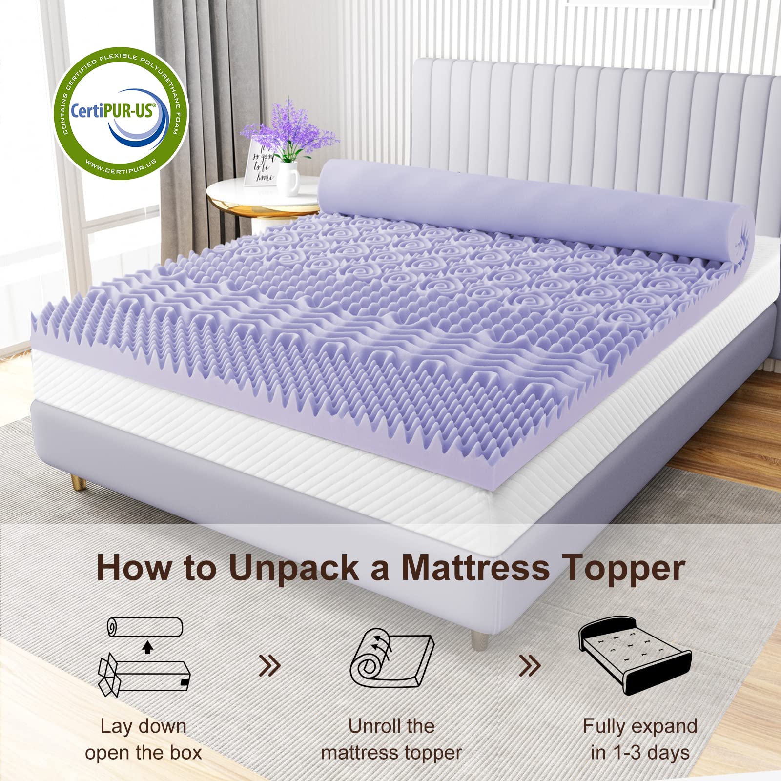 UniPon 3 Inch Egg Crate Memory Foam Mattress Topper, Lavender Infused Mattress Topper, 7 Zones Memory Foam Bed Topper, CertiPUR-US Certified (Queen)