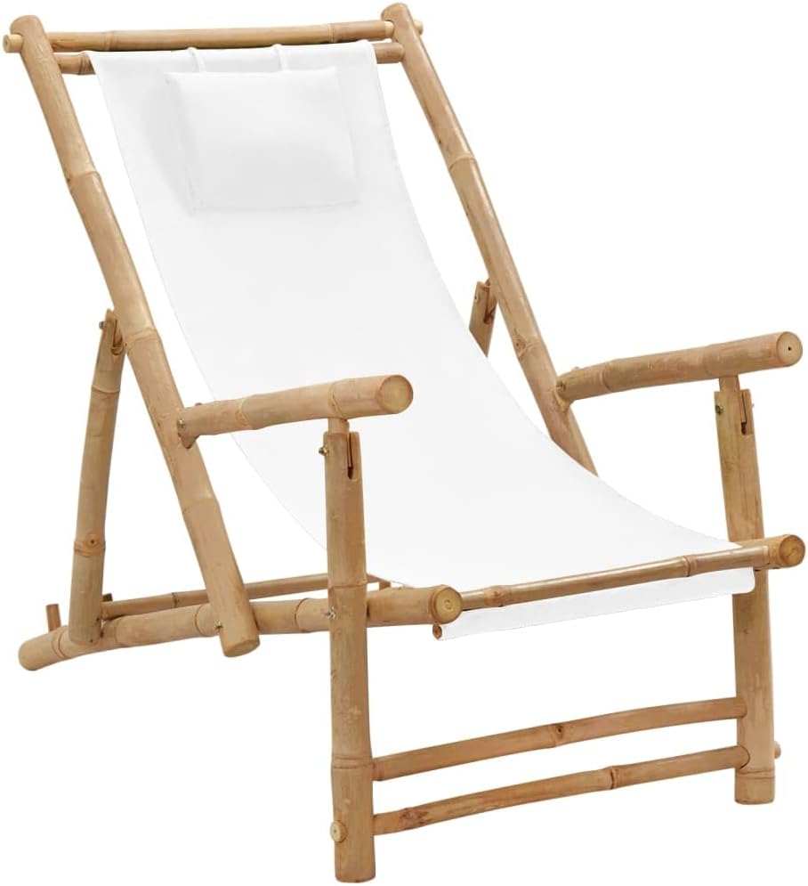 vidaXL Cream White Adjustable Deck Chair - Bamboo and Durable Canvas Material - Foldable Design for Easy Storage - Ideal for Garden, Patio, and Terrace
