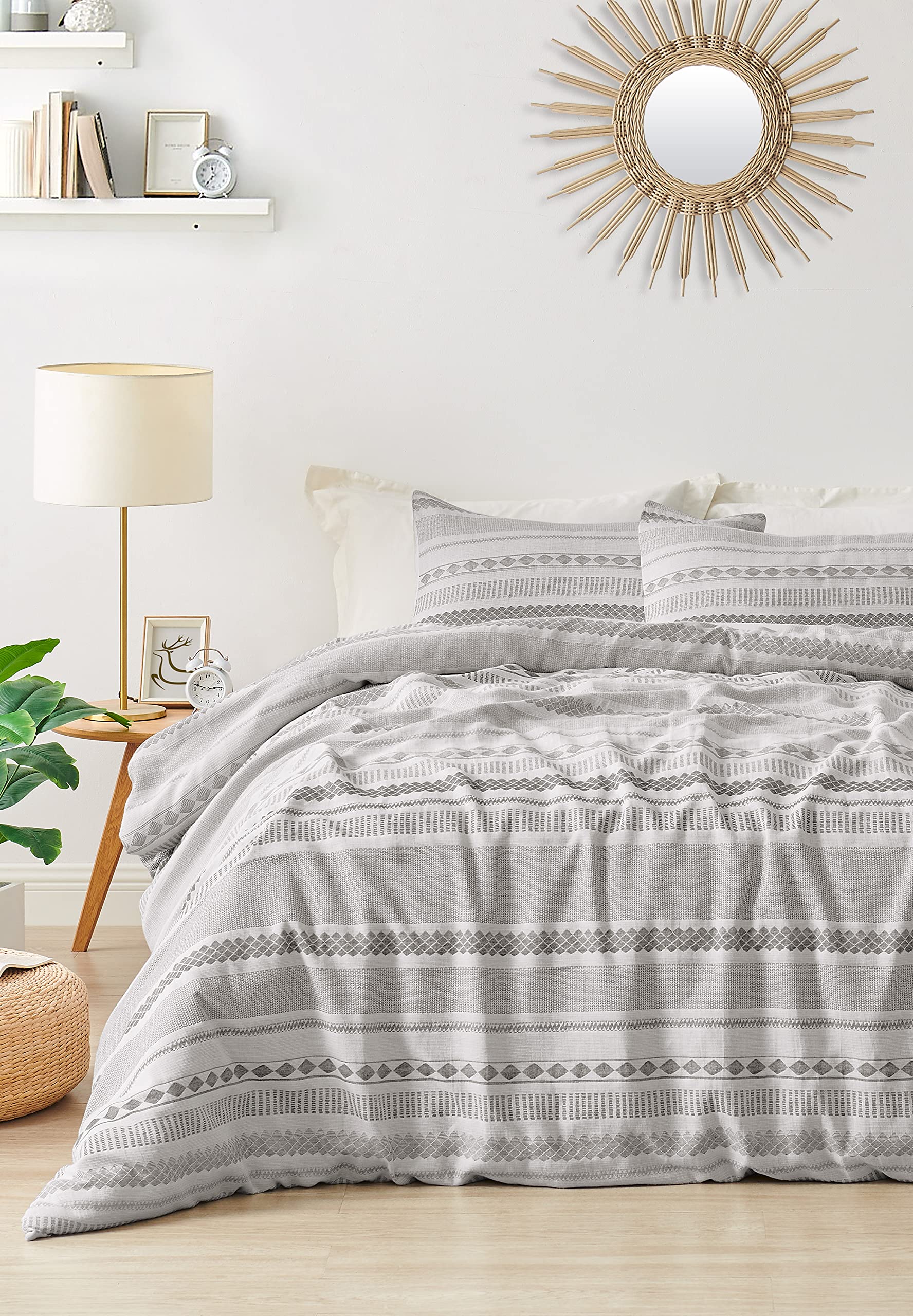 Sweet JoJo Designs Boho Black and Grey Cotton Woven Jacquard Modern Duvet Comforter Cover and Sham 3 pc. Full Queen Size Bed Bedding Set Farmhouse Patterned Ivory Bohemian Geometric Textured Neutral