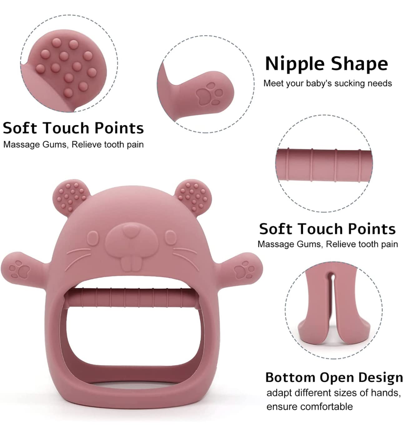 MOMMYS BABY Groundhog Teether Set, Baby Teething Toy, Anti Drop Silicone Mitten Teether, Infant Chew Toy, Teething Pain Relief Toy, Pacifier 2 in 1 |Beige, Dark Pink | Baby Teether Toy