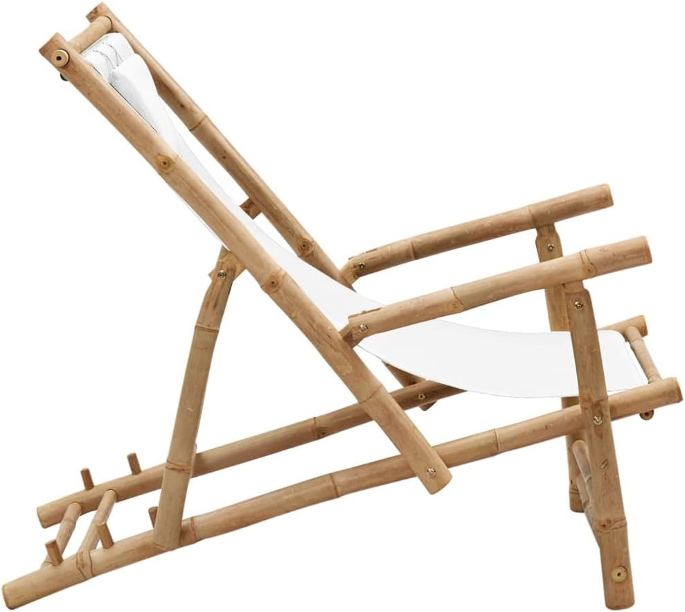 vidaXL Cream White Adjustable Deck Chair - Bamboo and Durable Canvas Material - Foldable Design for Easy Storage - Ideal for Garden, Patio, and Terrace