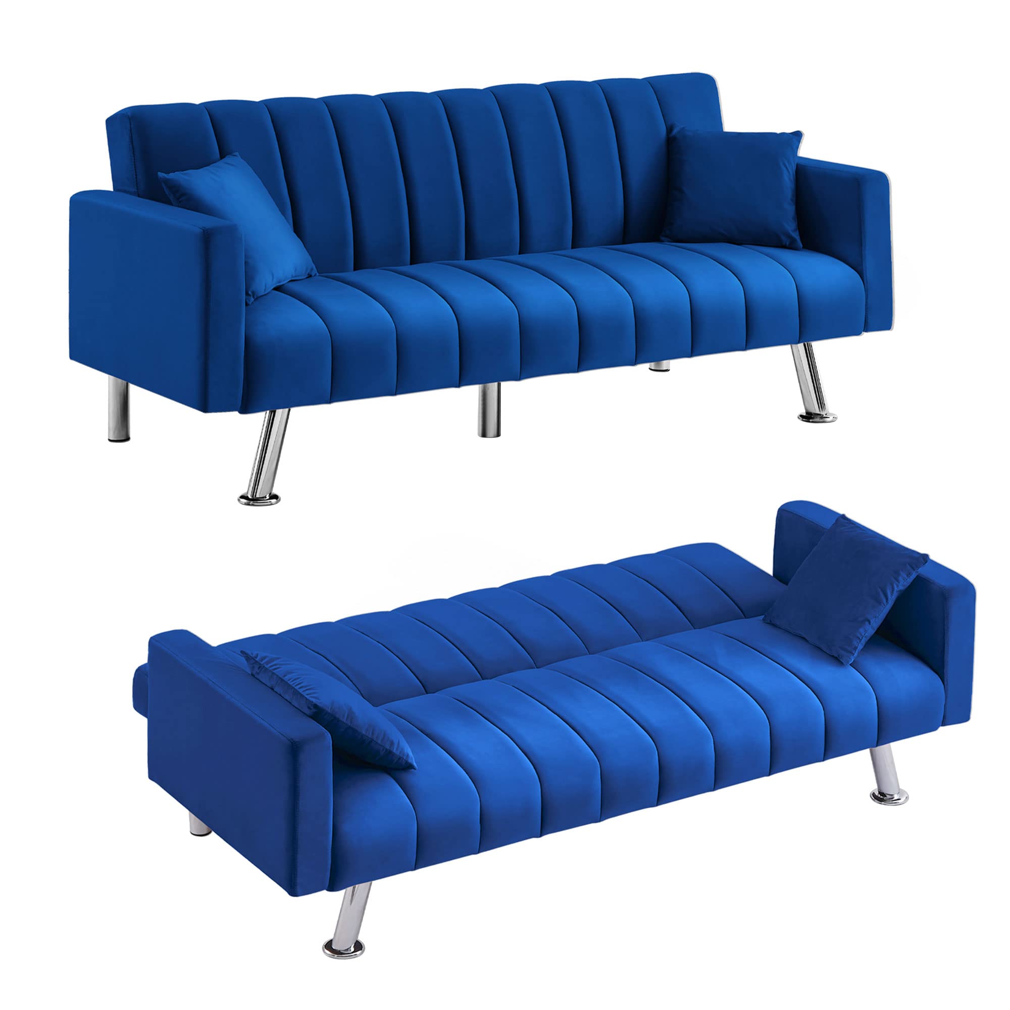 AWQM Sofa Bed, Upholstered Convertible Sofa Bed with 2 Pillows, Modern Velvet Sleeper Sofa Couch with Wooden Frame and Metal Legs, Small Couch for Living Room Bedroom Office (Blue)