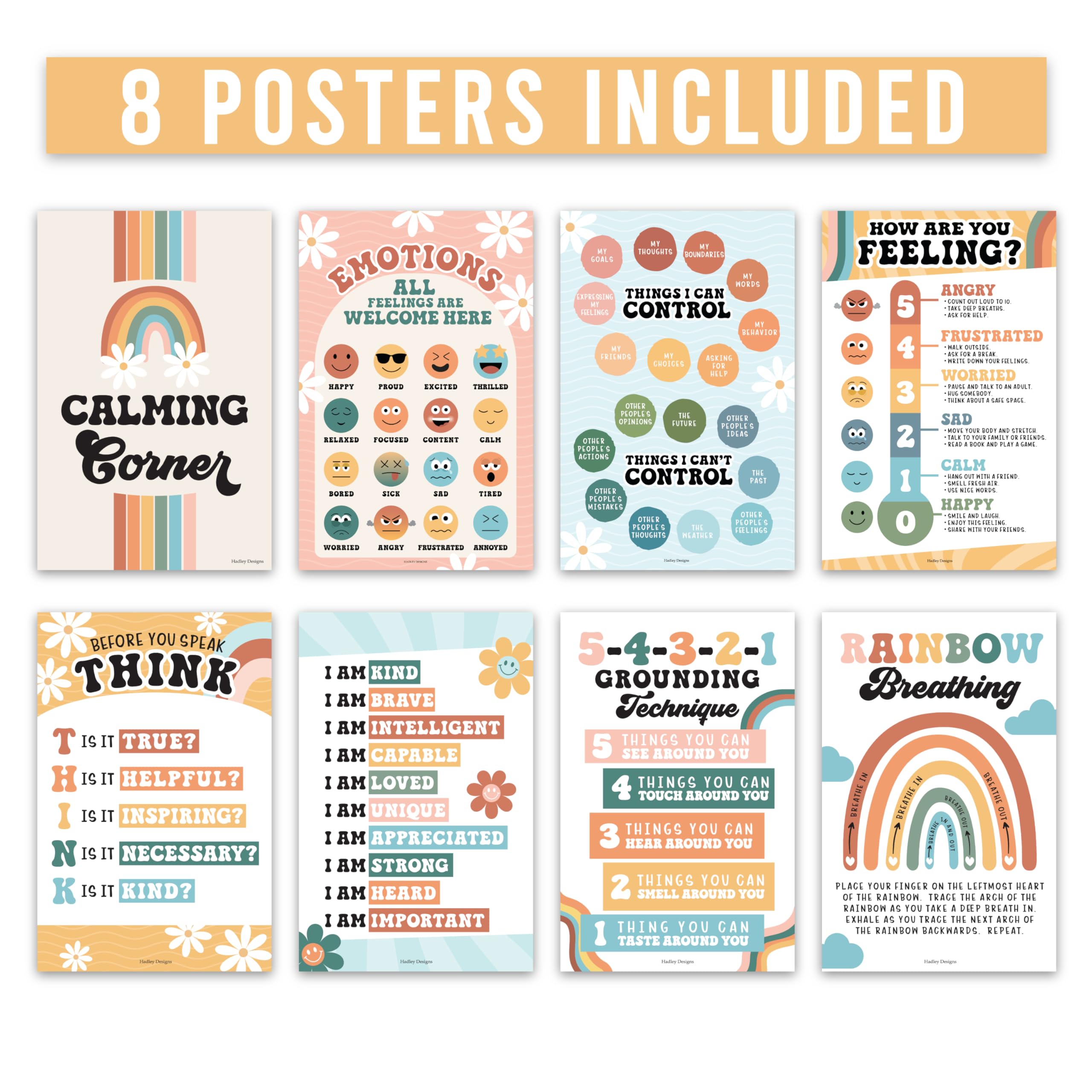 8 Calming Corner Posters For Classroom Must Haves For Teachers - 11x17" Calm Down Corner Supplies, Feelings Chart For Kids Ages 4-8, Toddler Emotions Chart, Retro Classroom Decor