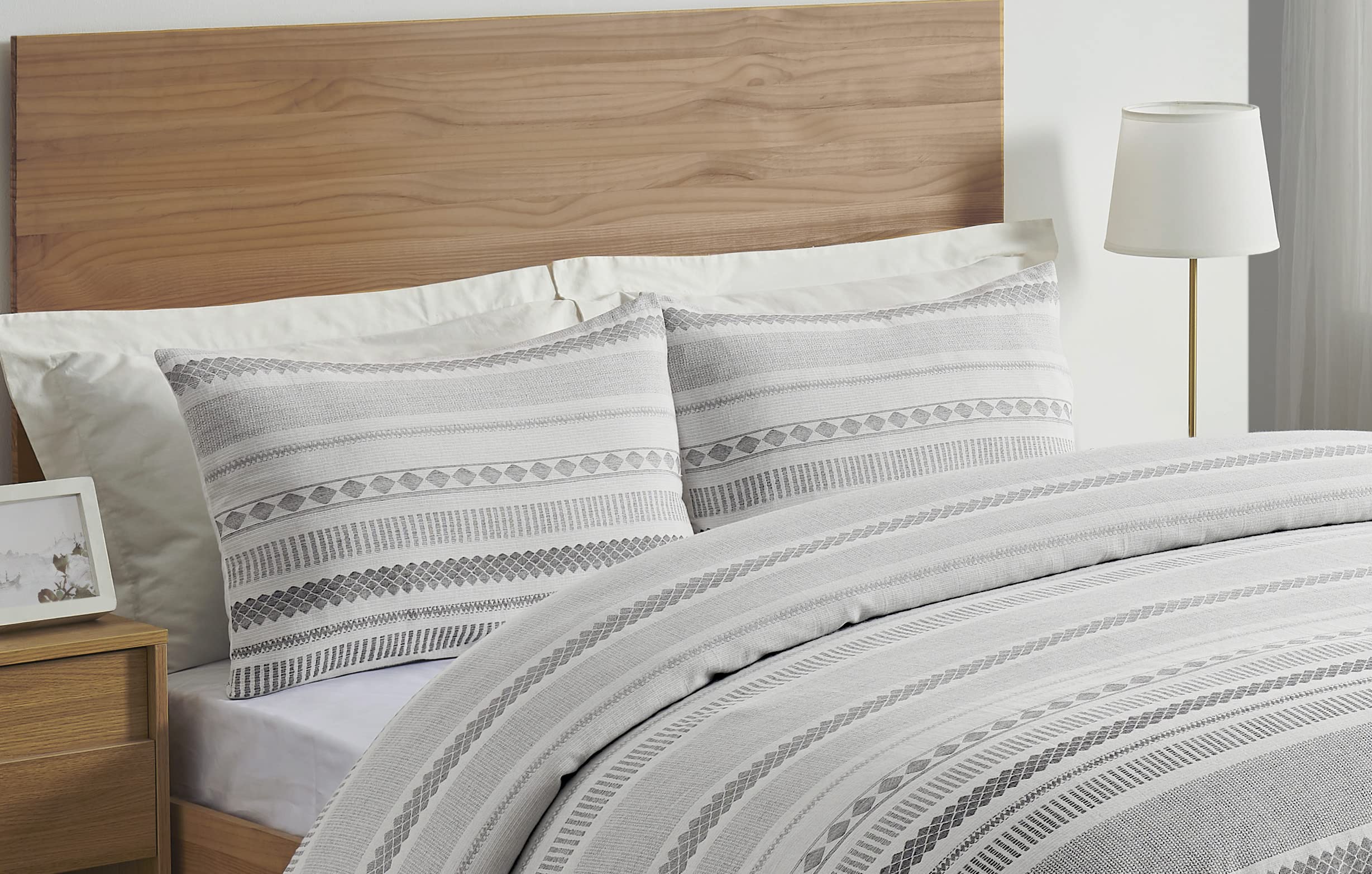 Sweet JoJo Designs Boho Black and Grey Cotton Woven Jacquard Modern Duvet Comforter Cover and Sham 3 pc. Full Queen Size Bed Bedding Set Farmhouse Patterned Ivory Bohemian Geometric Textured Neutral