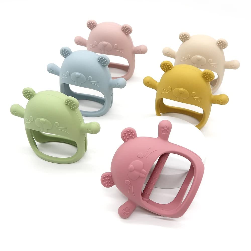 MOMMYS BABY Groundhog Teether Set, Baby Teething Toy, Anti Drop Silicone Mitten Teether, Infant Chew Toy, Teething Pain Relief Toy, Pacifier 2 in 1 |Beige, Dark Pink | Baby Teether Toy