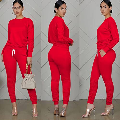 Esuo Women's 2 Piece Solid Color Tie Dye T-Shirt Shorts Set Casual Pants Joggers Casual Long Sleeve Sportswear Red2 XL