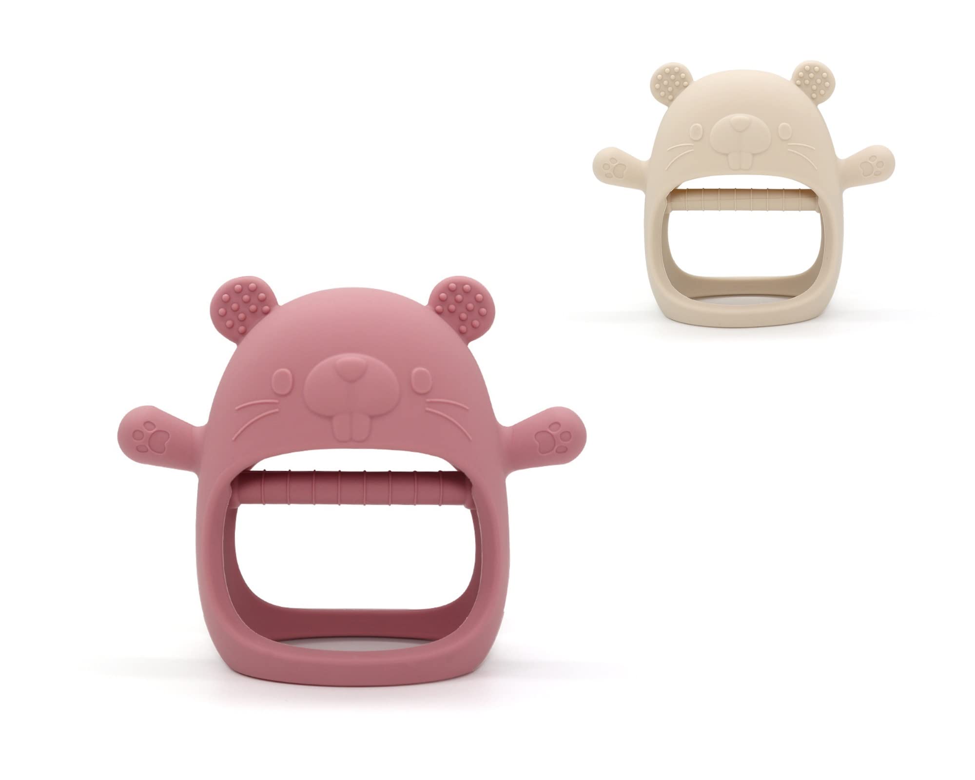 MOMMYS BABY Groundhog Teether Set, Baby Teething Toy, Anti Drop Silicone Mitten Teether, Infant Chew Toy, Teething Pain Relief Toy, Pacifier 2 in 1 |Beige, Dark Pink | Baby Teether Toy