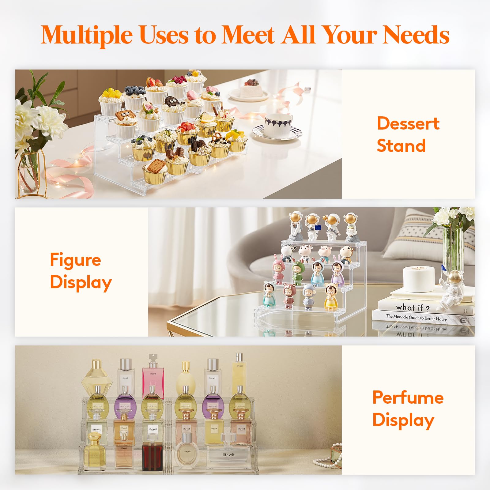 Lifewit 4 Tier Clear Display Risers Stand, Plastic Organizers for Figures, Cupcake, Perfume, Dessert, Desktop Display Stand for Organize and Decoration