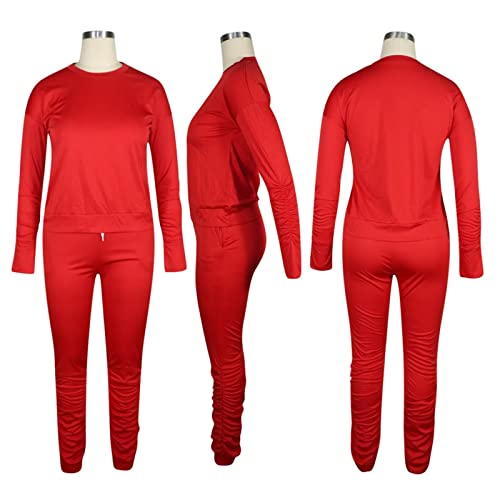 Esuo Women's 2 Piece Solid Color Tie Dye T-Shirt Shorts Set Casual Pants Joggers Casual Long Sleeve Sportswear Red2 XL
