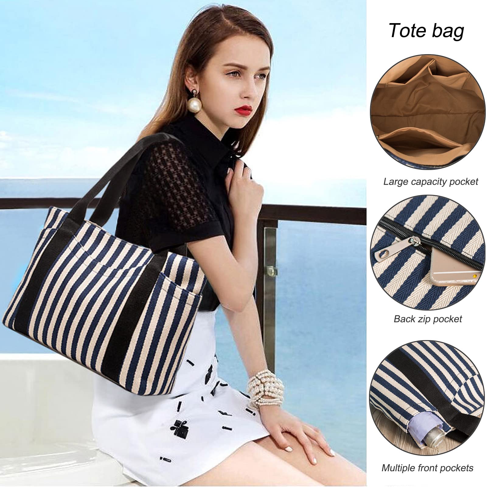 AONIJIE Canvas Work Tote Bag for Women, Medium Teacher Shoulder Bag, Lightweight Handbag Purse with Zipper Fit 13.3 Inch Laptop, Black Strip