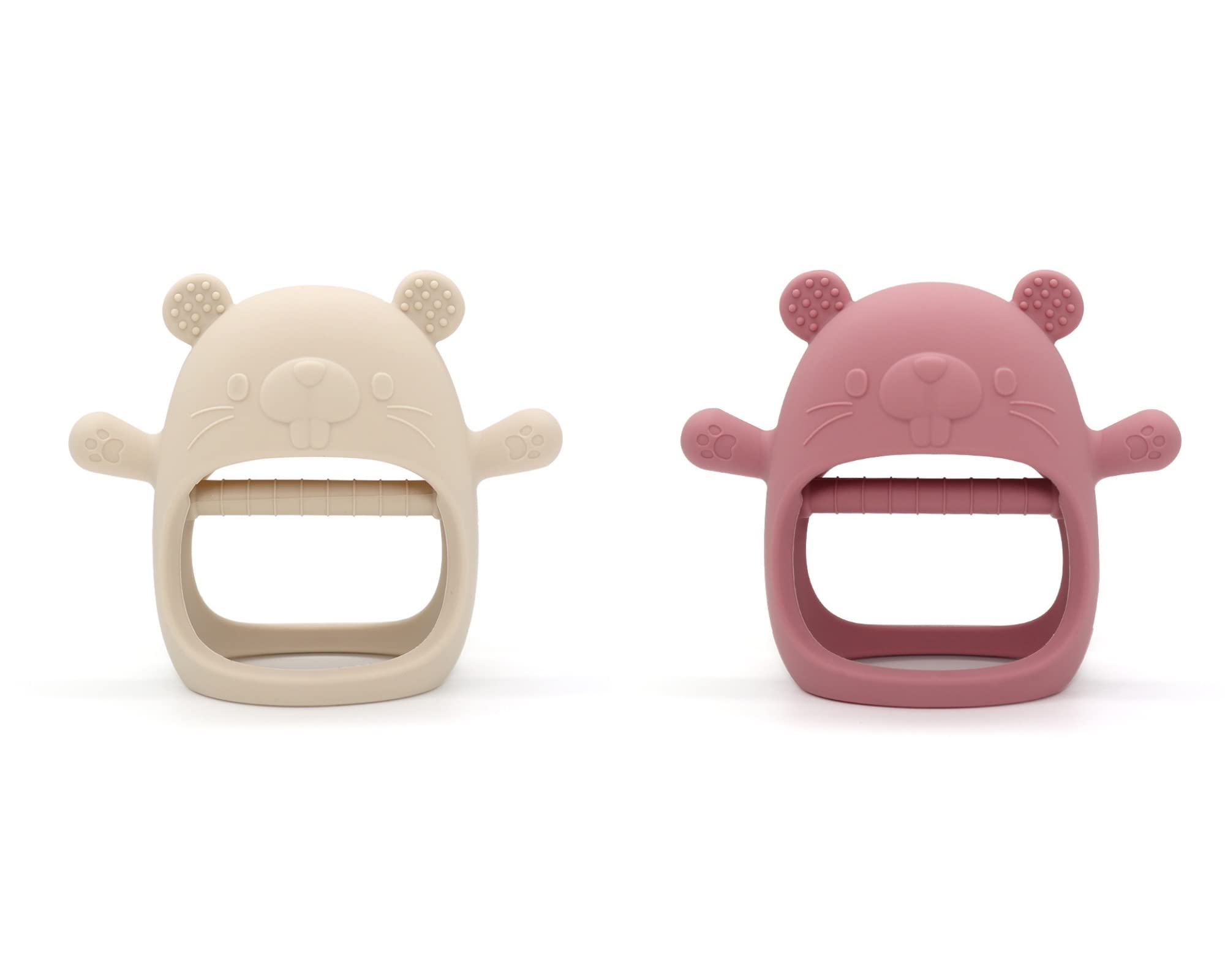 MOMMYS BABY Groundhog Teether Set, Baby Teething Toy, Anti Drop Silicone Mitten Teether, Infant Chew Toy, Teething Pain Relief Toy, Pacifier 2 in 1 |Beige, Dark Pink | Baby Teether Toy