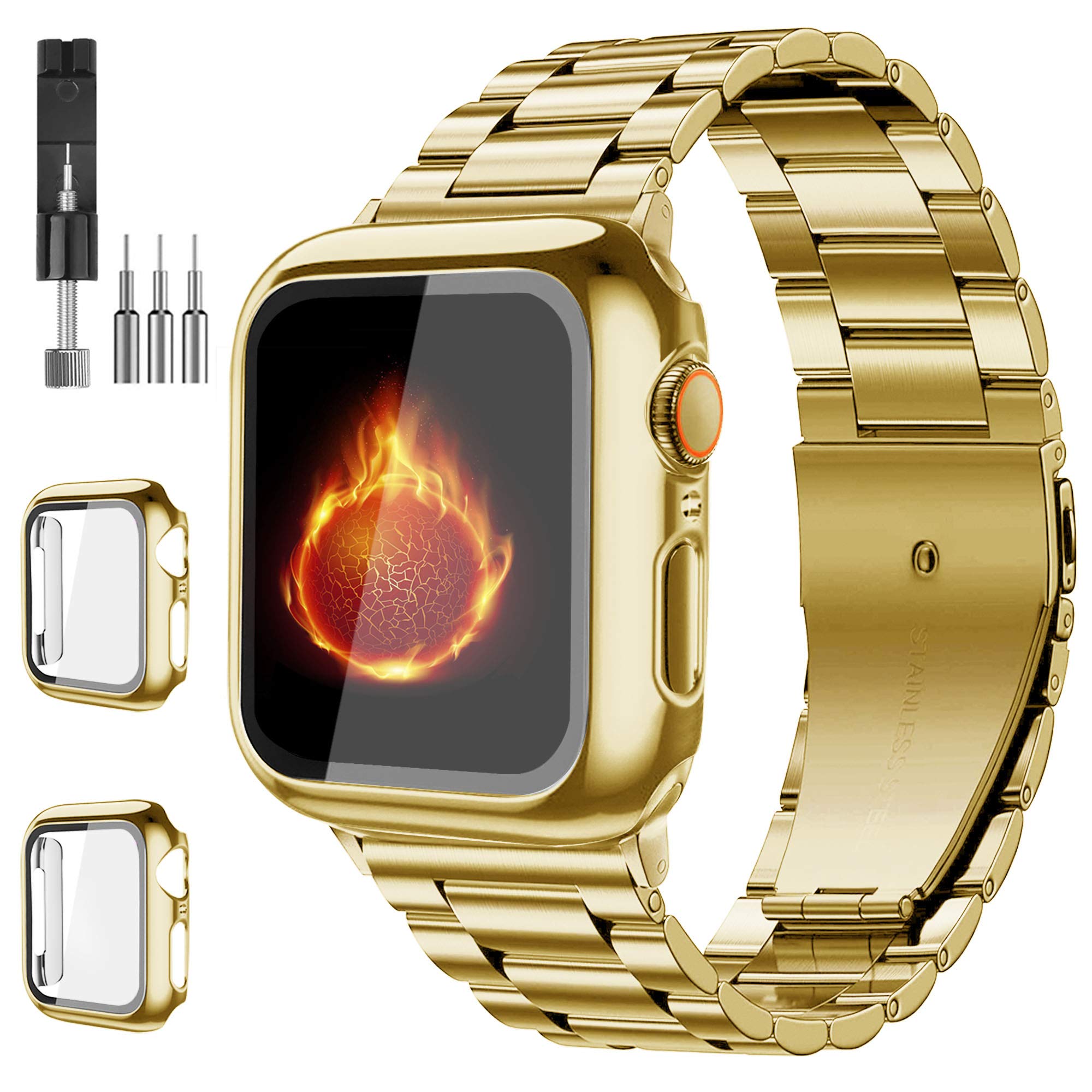 Bekomo 3-Pack Stainless Steel Apple Watch Band with 2 Pack Tempered Glass Screen Protectors, 49mm, 44mm, 45mm, 42mm, 40mm, 38mm, 41mm