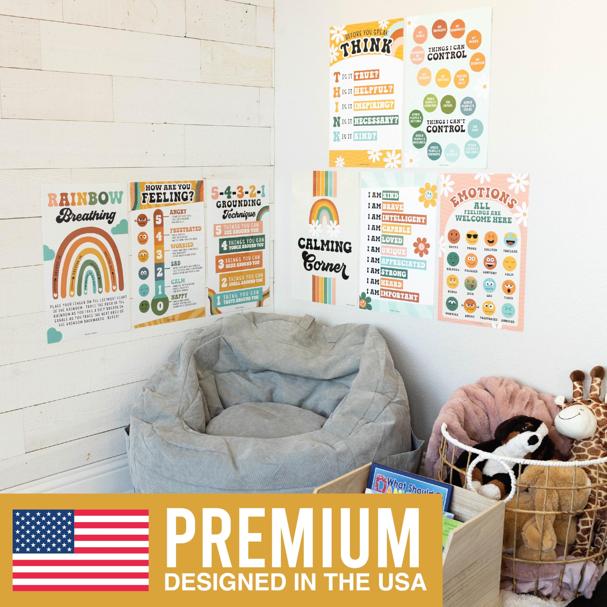 8 Calming Corner Posters For Classroom Must Haves For Teachers - 11x17" Calm Down Corner Supplies, Feelings Chart For Kids Ages 4-8, Toddler Emotions Chart, Retro Classroom Decor