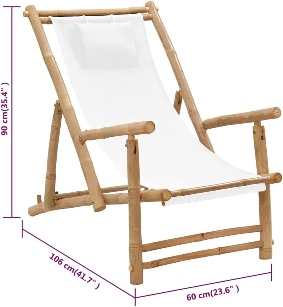 vidaXL Cream White Adjustable Deck Chair - Bamboo and Durable Canvas Material - Foldable Design for Easy Storage - Ideal for Garden, Patio, and Terrace