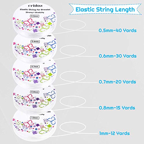 Stretchy String for Bracelets, Cridoz 5 Rolls Clear Elastic String Stretch Cord Jewelry Bead Bracelet String with 2 Pcs Beading Needles for Seed Beads, Pony Beads, Bracelets and Jewelry Making (Assort