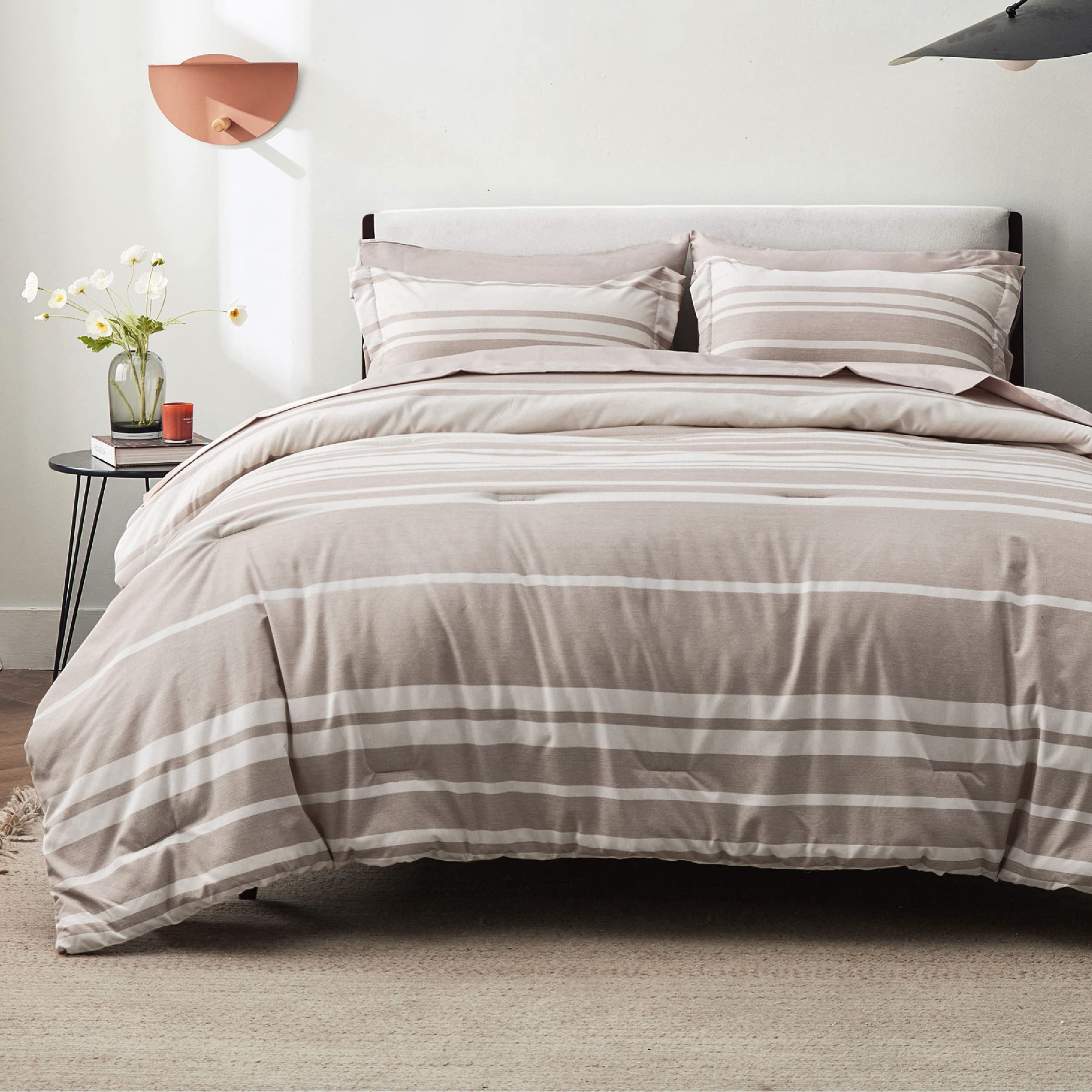 Bedsure Full Comforter Set 7 Pieces, Light Camel Striped Bedding Set for Full Size Bed Reversible, Cationic Dyeing Bed in a Bag with Comforter, Sheets, Pillowcases & Shams