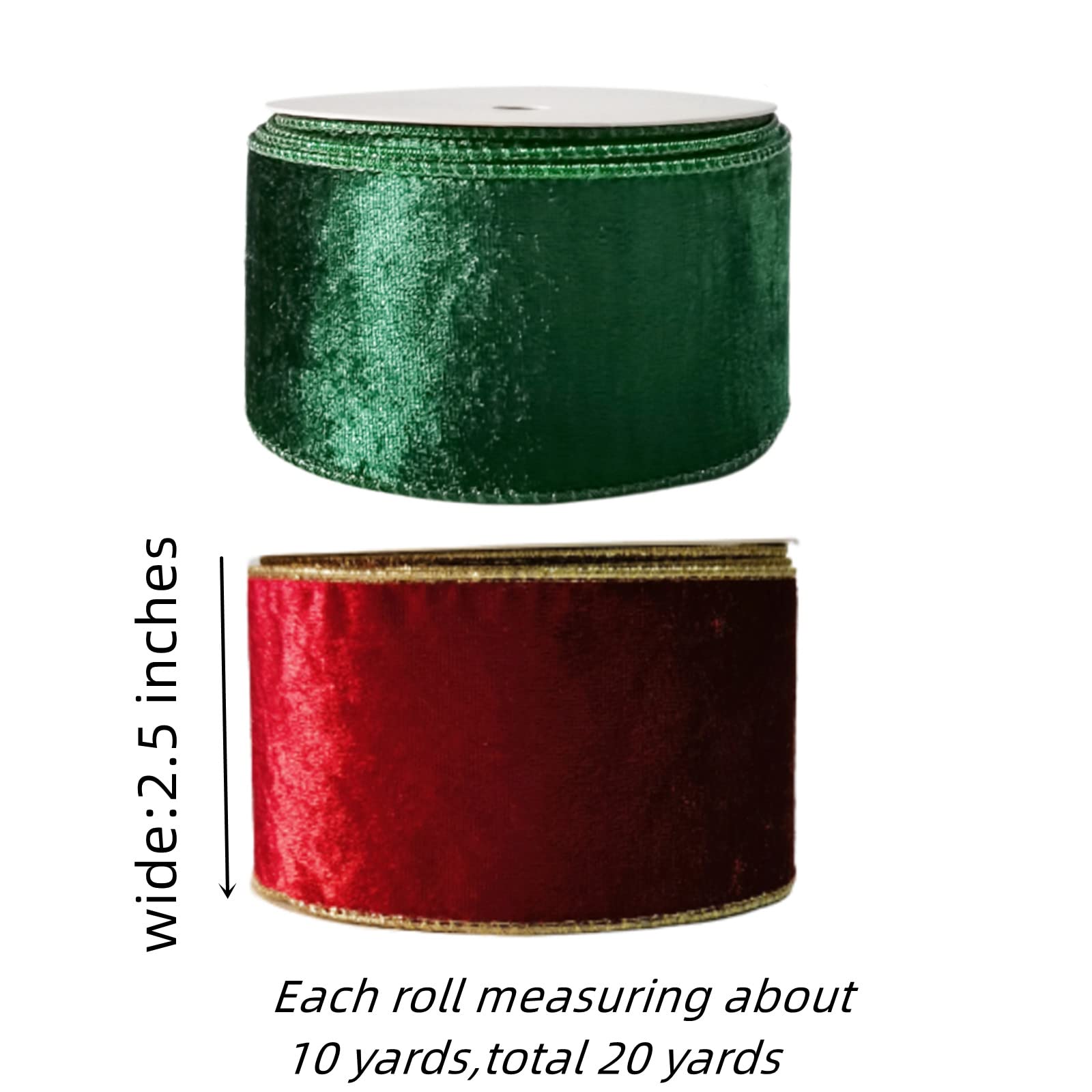 2 Rolls Christmas Velvet Ribbon 2.5 Inches Width Vintage Wide Wired Edge Wrapping Ribbon for Christmas Gift Wrapping, Bow Making(Green,Red)