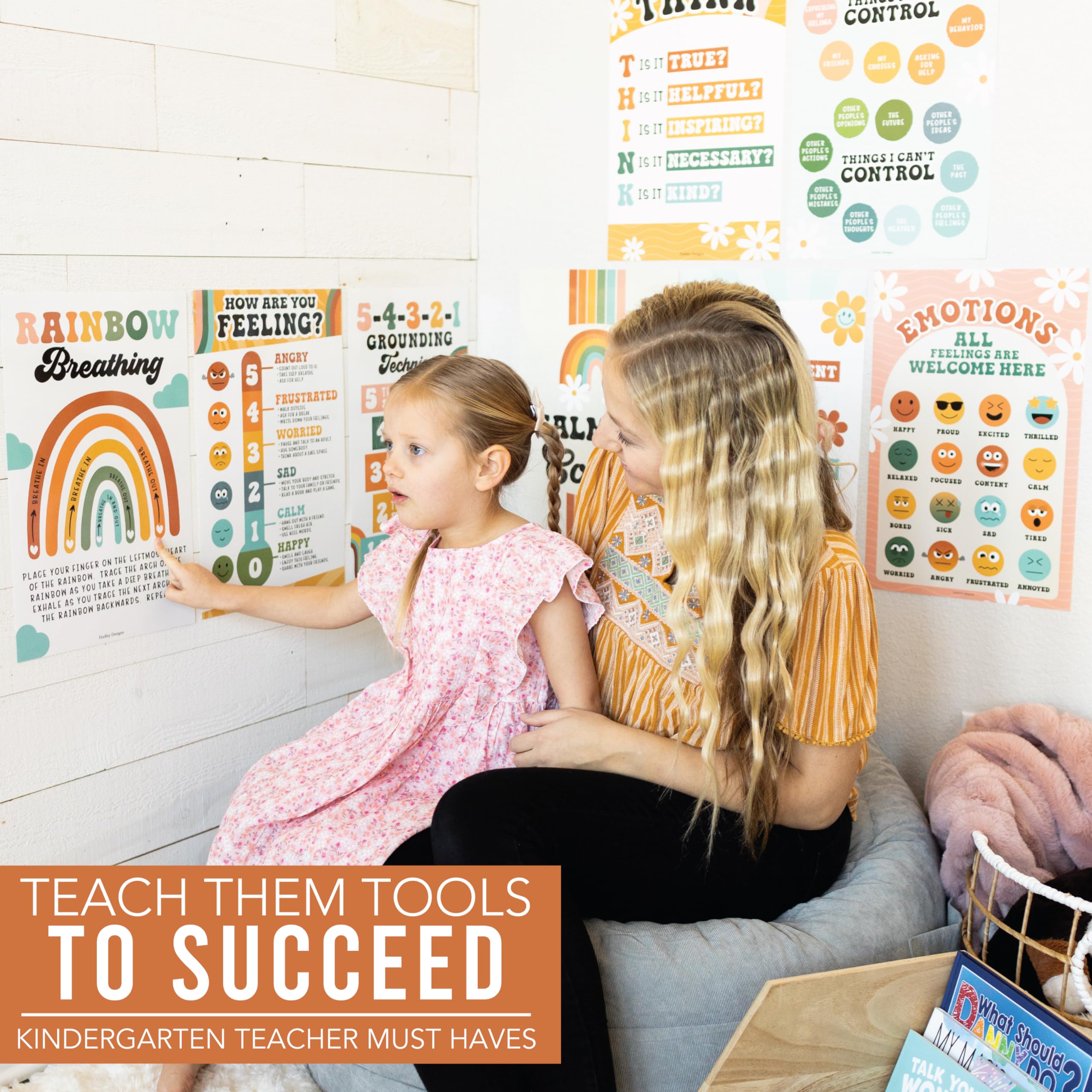 8 Calming Corner Posters For Classroom Must Haves For Teachers - 11x17" Calm Down Corner Supplies, Feelings Chart For Kids Ages 4-8, Toddler Emotions Chart, Retro Classroom Decor