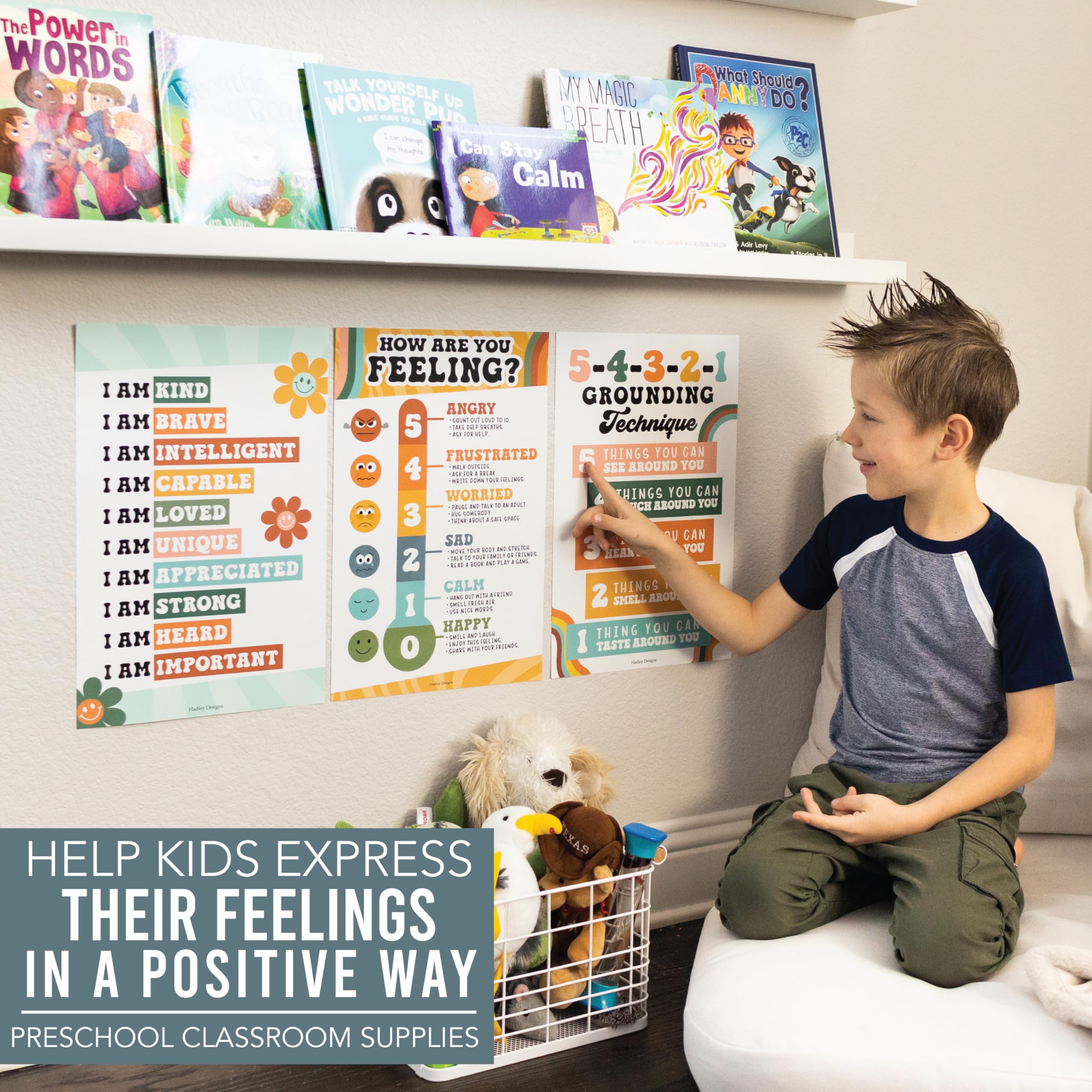 8 Calming Corner Posters For Classroom Must Haves For Teachers - 11x17" Calm Down Corner Supplies, Feelings Chart For Kids Ages 4-8, Toddler Emotions Chart, Retro Classroom Decor