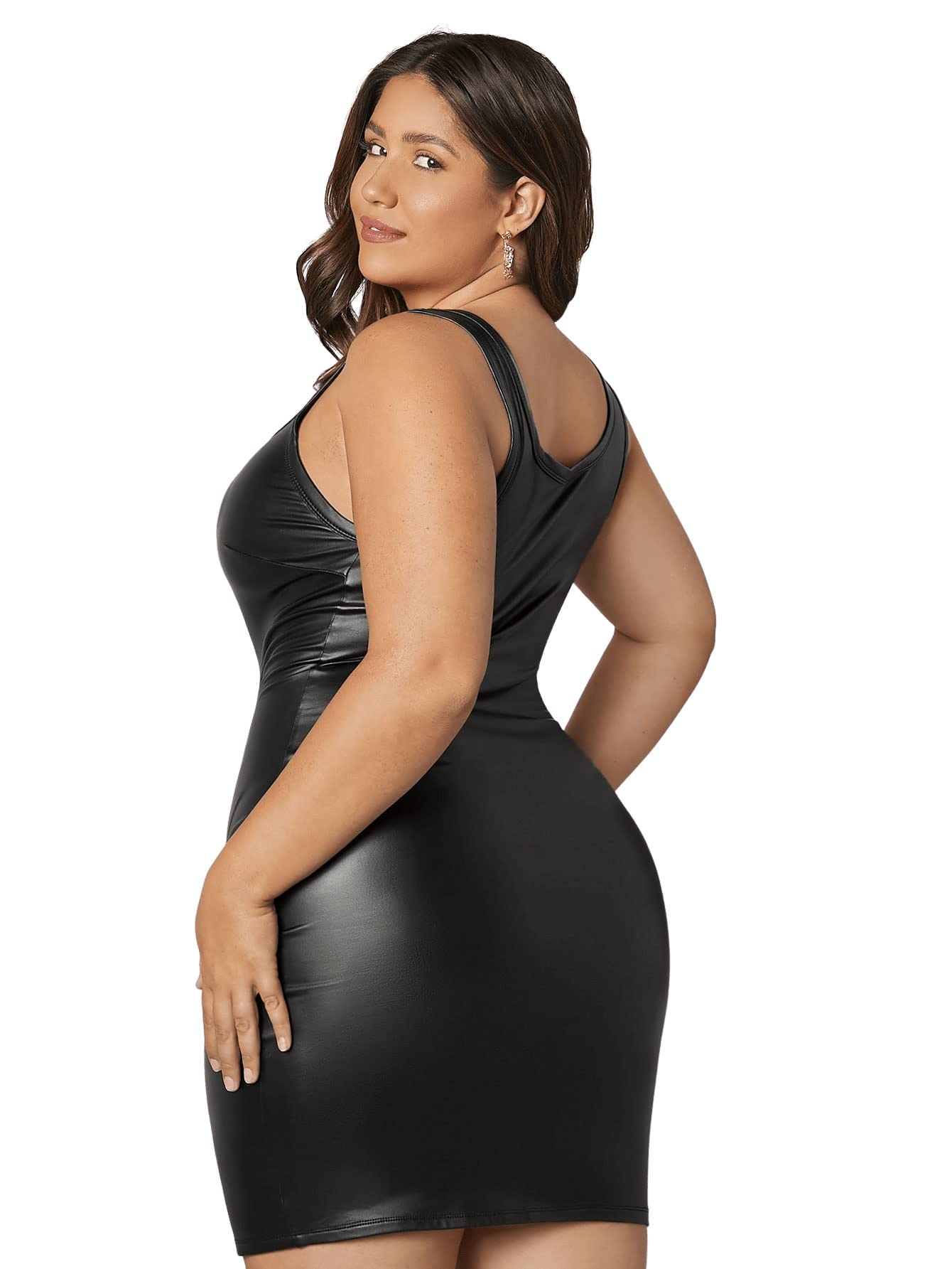 SOLY HUX Women's Plus Size Square Neck Sleeveless Bodycon Tank Dress PU Leather Mini Dresses Solid Black 3XL