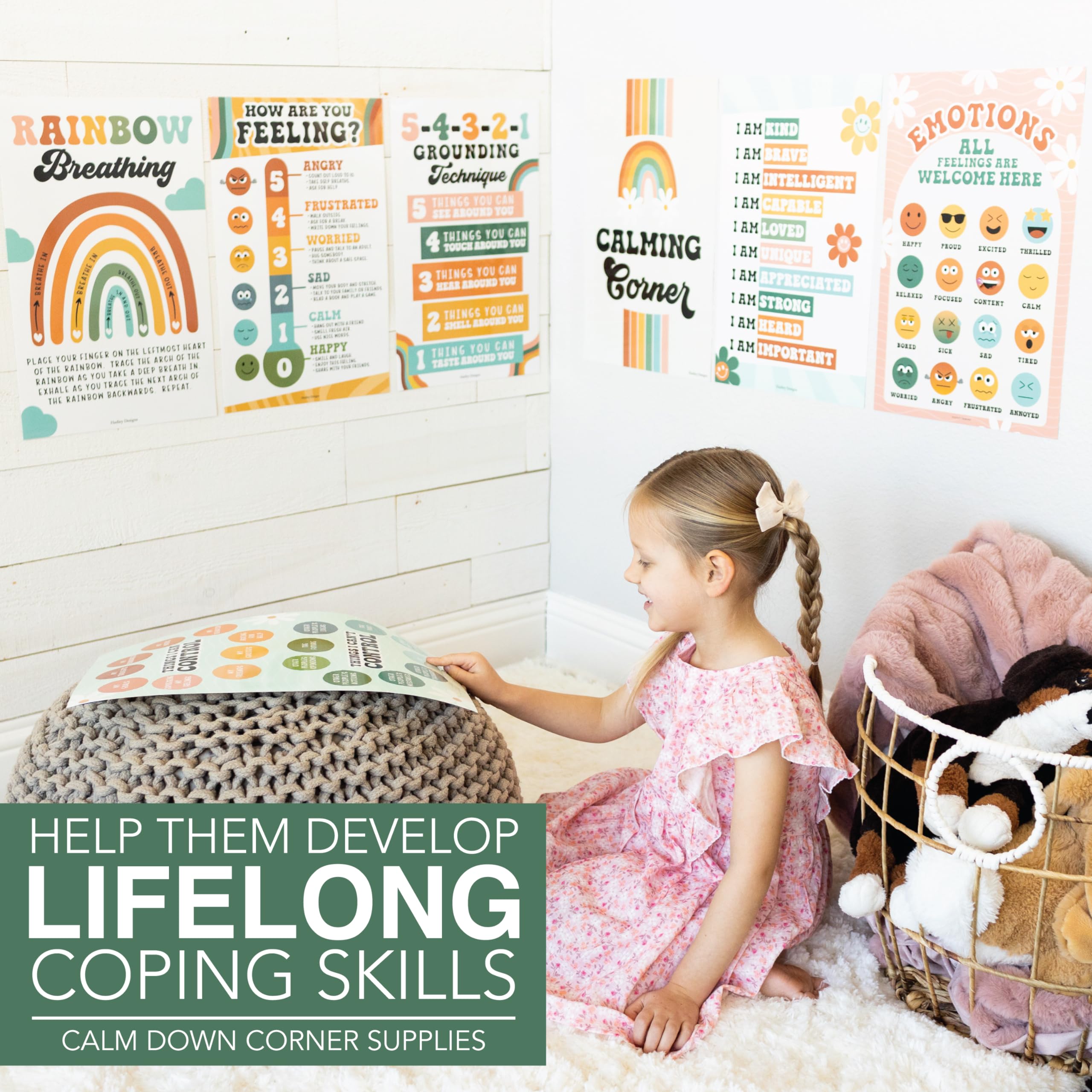 8 Calming Corner Posters For Classroom Must Haves For Teachers - 11x17" Calm Down Corner Supplies, Feelings Chart For Kids Ages 4-8, Toddler Emotions Chart, Retro Classroom Decor