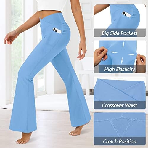 DLOODA Women's Flare Leggings with Pockets-Crossover High Waisted Bootcut Yoga Pants-Tummy Control Bell Bottom Leggings Blue