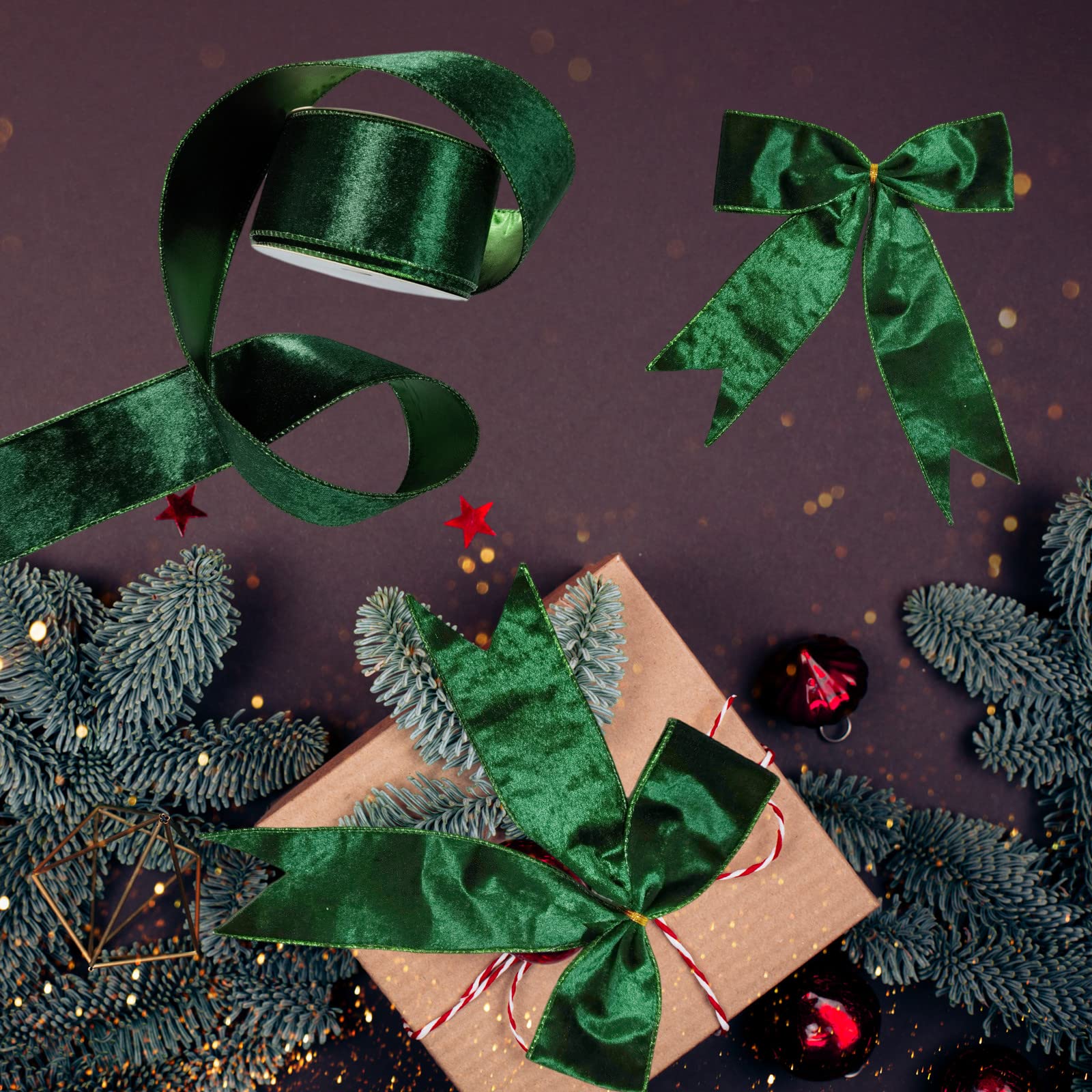 2 Rolls Christmas Velvet Ribbon 2.5 Inches Width Vintage Wide Wired Edge Wrapping Ribbon for Christmas Gift Wrapping, Bow Making(Green,Red)