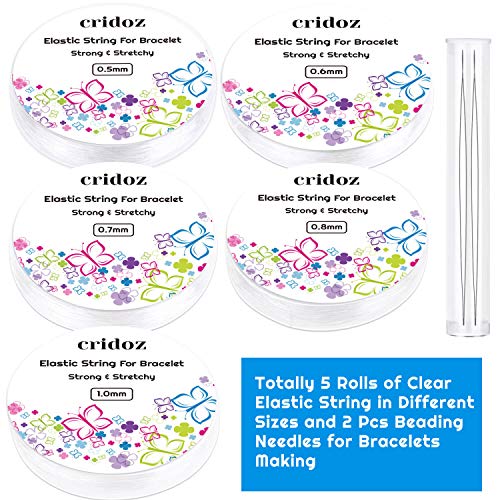 Stretchy String for Bracelets, Cridoz 5 Rolls Clear Elastic String Stretch Cord Jewelry Bead Bracelet String with 2 Pcs Beading Needles for Seed Beads, Pony Beads, Bracelets and Jewelry Making (Assort