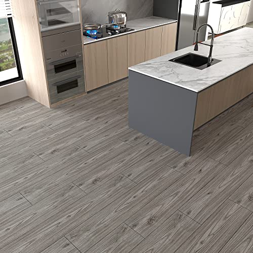 VEELIKE Light Grey Wood Vinyl Plank Flooring Waterproof Wood Grain Peel and Stick Floor Tile 6''x36'' Self Adhesive Grey Laminate Wood Flooring for Bathroom Kitchen Bedroom RV(4-Pack, 6 Sq. Ft.)