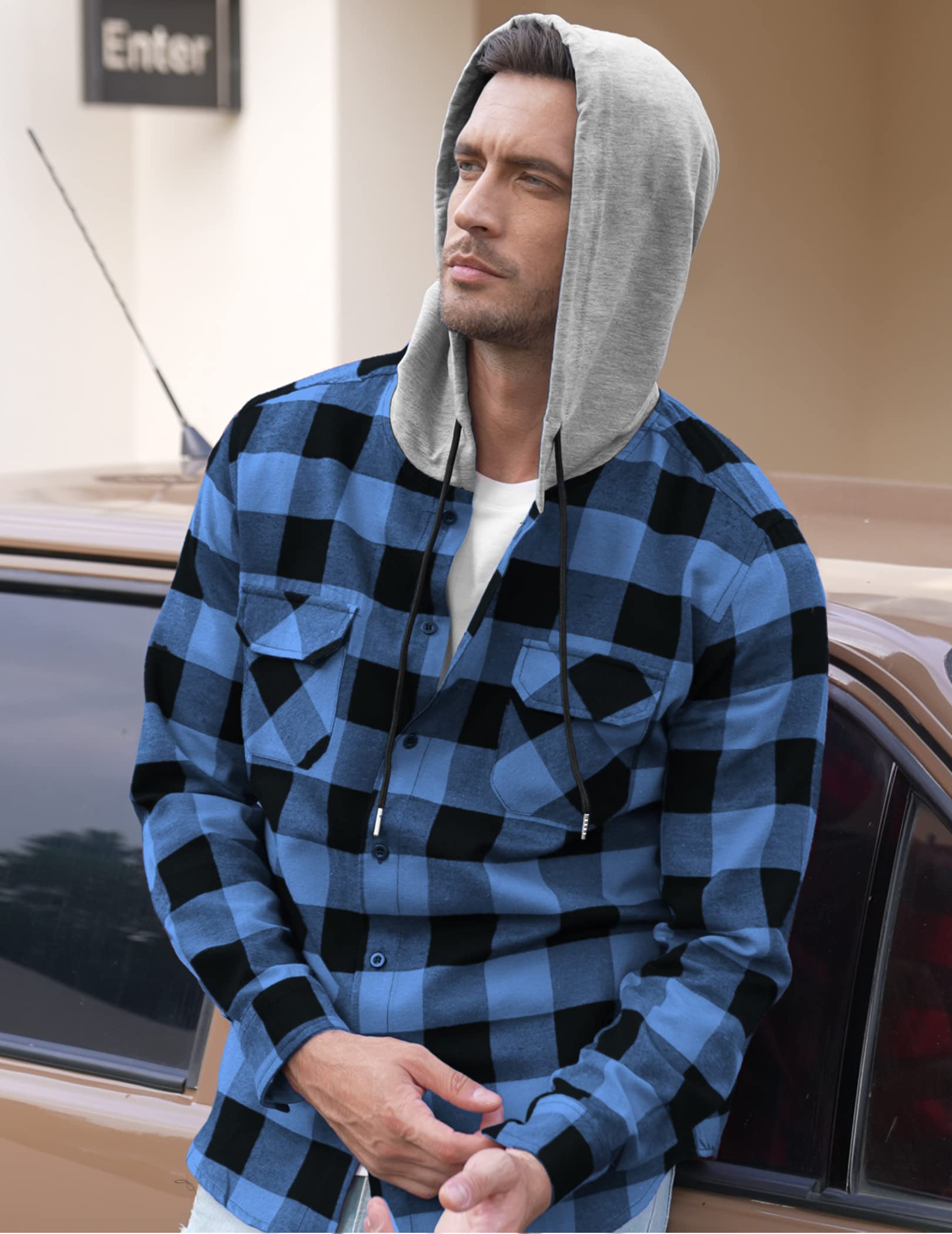 COOFANDY Men's Flannel Plaid Hoodie Shirt Jacket Button Down Slim Fit Buffalo Shirts
