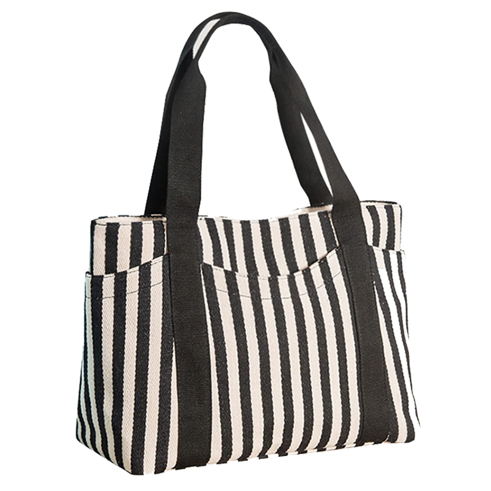 AONIJIE Canvas Work Tote Bag for Women, Medium Teacher Shoulder Bag, Lightweight Handbag Purse with Zipper Fit 13.3 Inch Laptop, Black Strip