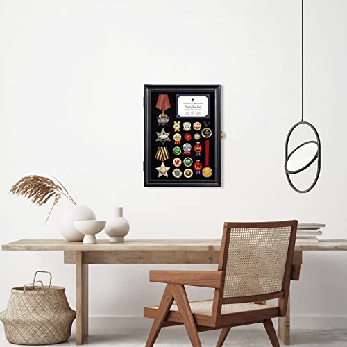 ARRAWIS Pin Display Case 11"x15" Solid Wood Pin Collection Display Shadow Box with UV Protection Acrylic Glass Door for Military Badges, Medals, Pin Enthusiast Collectibles (Black)