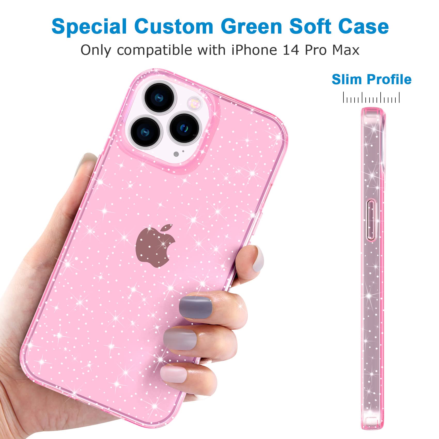JJGoo Compatible with iPhone 14 Pro Max Case, Bling Sparkle Soft TPU Anti-Scratch Shockproof Protective Phone Bumper, Women Girls Cute Slim Phone Case, Glitter Pink