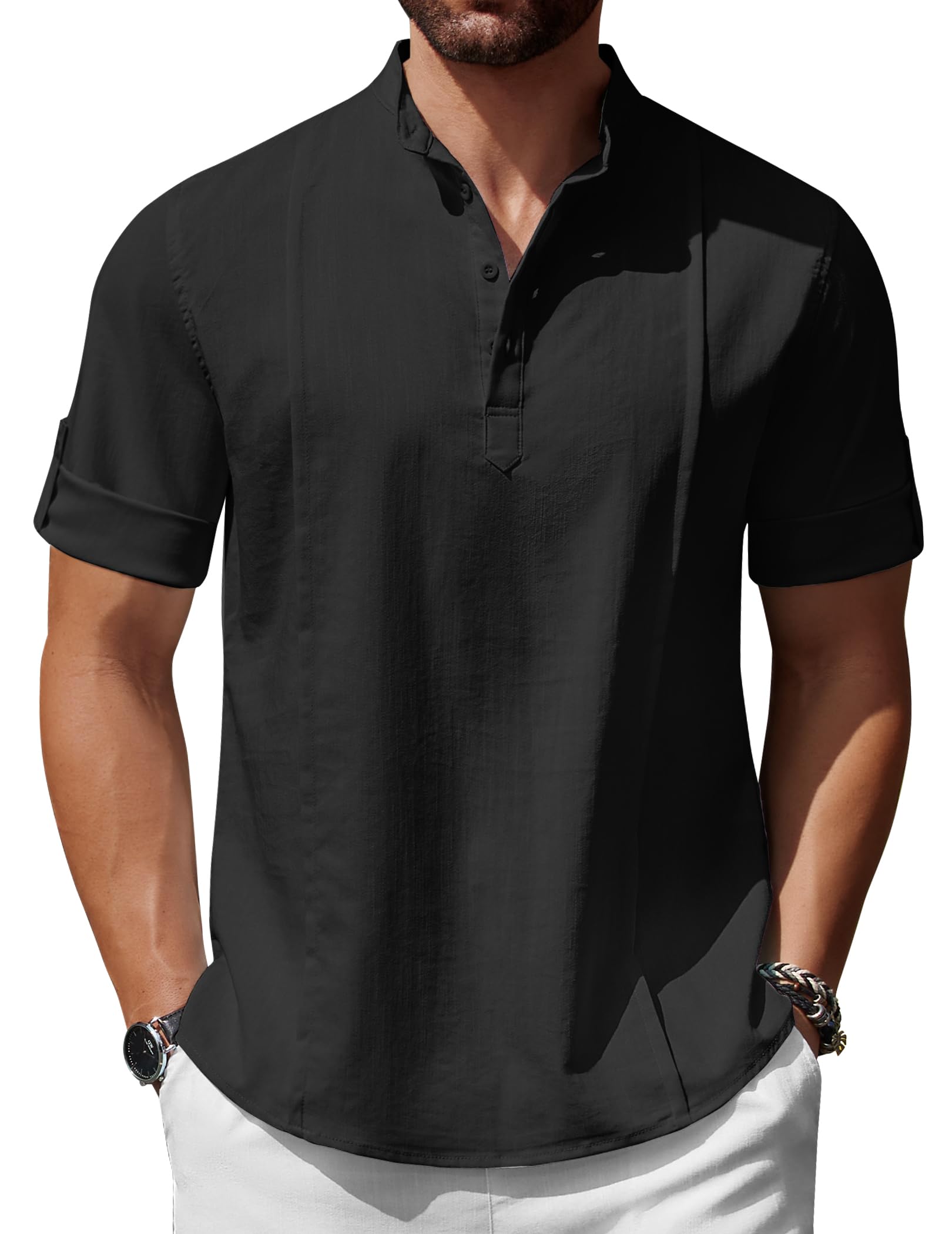COOFANDY Men's Henley T-Shirts Short Sleeve Casual Band Collar Black Shirts Fashion Linen Tee Summer Beach Hippie Party Wear