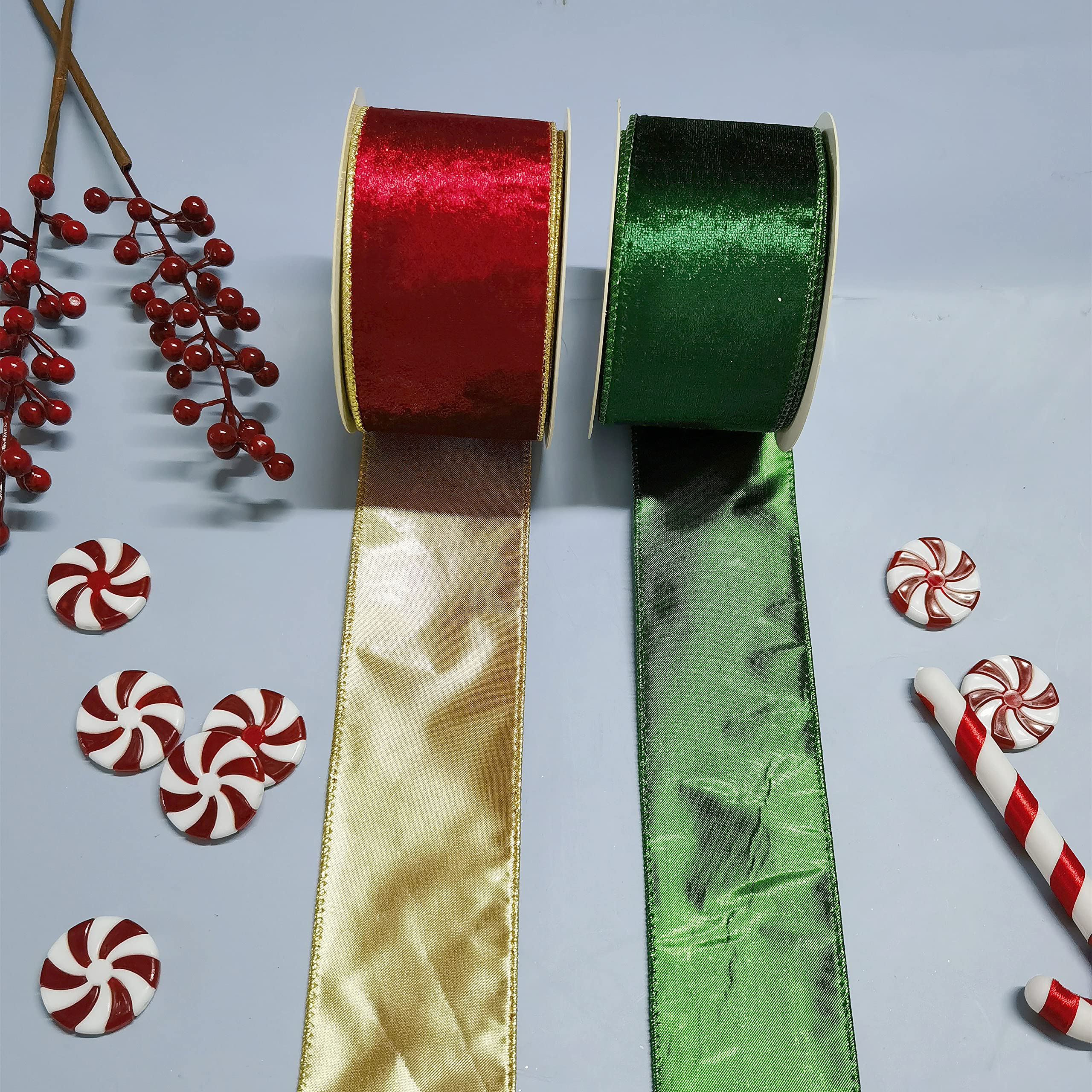 2 Rolls Christmas Velvet Ribbon 2.5 Inches Width Vintage Wide Wired Edge Wrapping Ribbon for Christmas Gift Wrapping, Bow Making(Green,Red)