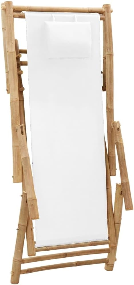 vidaXL Cream White Adjustable Deck Chair - Bamboo and Durable Canvas Material - Foldable Design for Easy Storage - Ideal for Garden, Patio, and Terrace