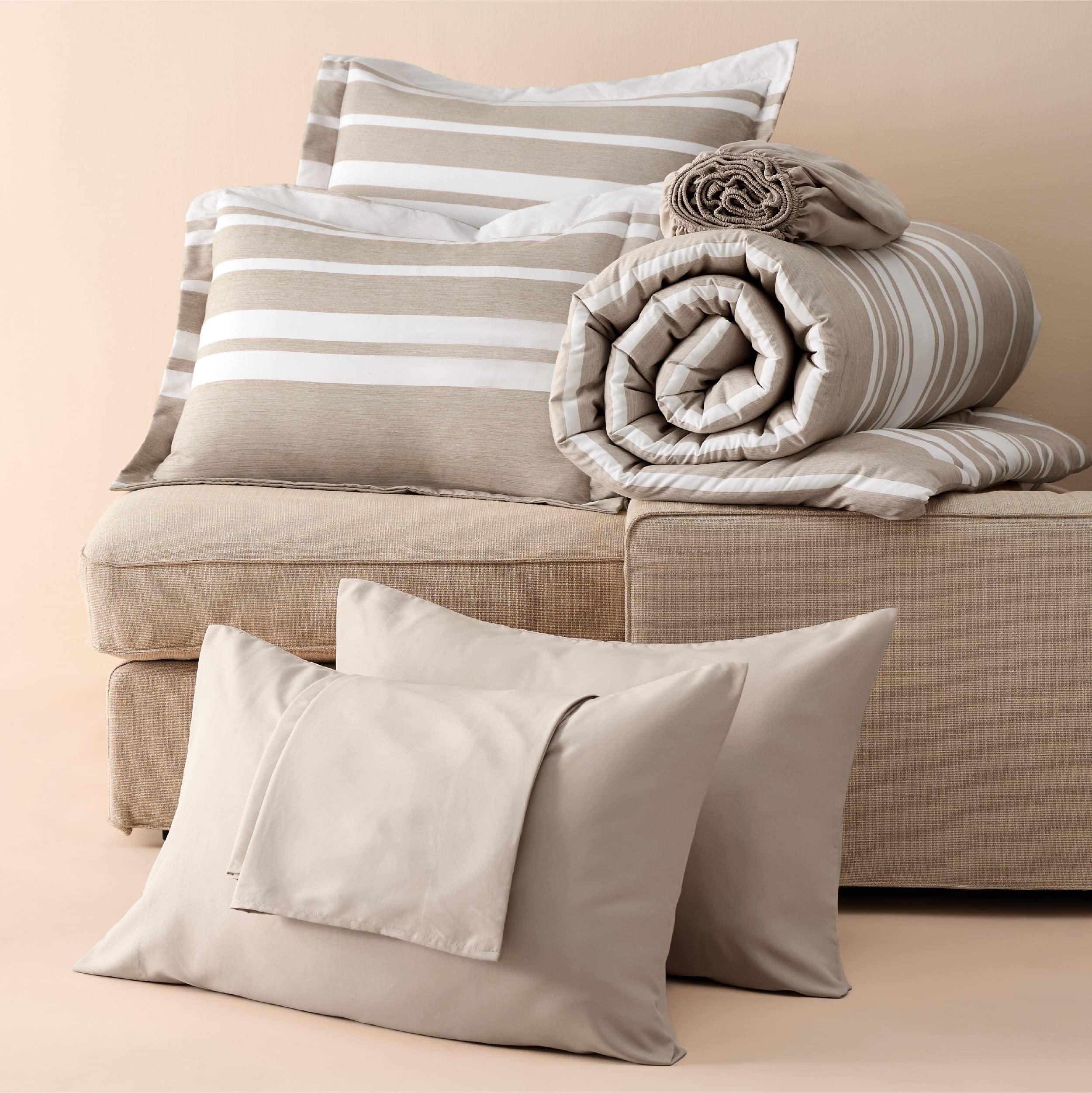 Bedsure Full Comforter Set 7 Pieces, Light Camel Striped Bedding Set for Full Size Bed Reversible, Cationic Dyeing Bed in a Bag with Comforter, Sheets, Pillowcases & Shams