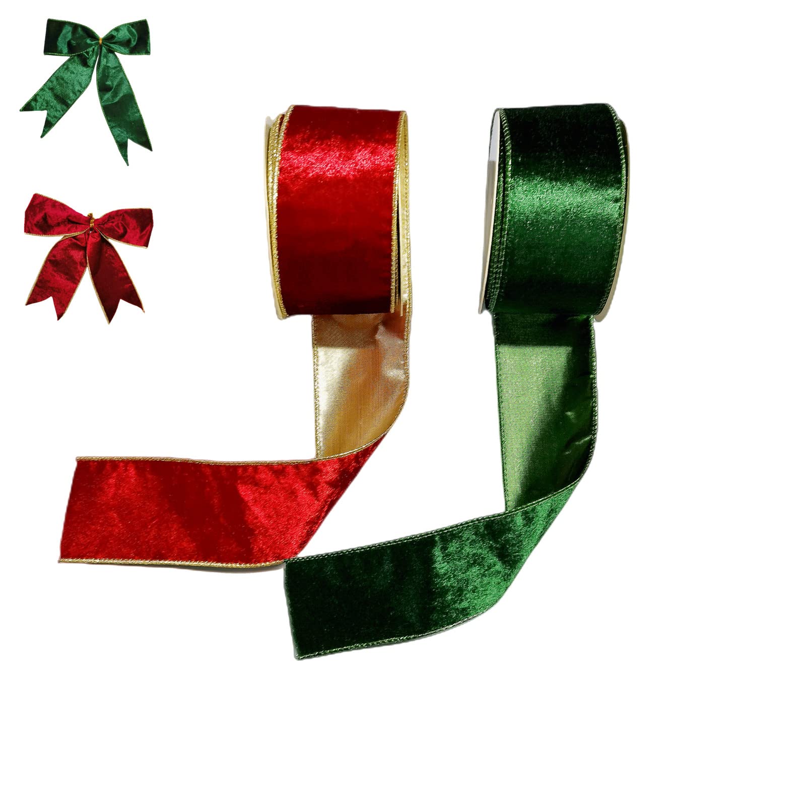 2 Rolls Christmas Velvet Ribbon 2.5 Inches Width Vintage Wide Wired Edge Wrapping Ribbon for Christmas Gift Wrapping, Bow Making(Green,Red)