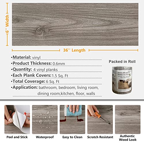 VEELIKE Light Grey Wood Vinyl Plank Flooring Waterproof Wood Grain Peel and Stick Floor Tile 6''x36'' Self Adhesive Grey Laminate Wood Flooring for Bathroom Kitchen Bedroom RV(4-Pack, 6 Sq. Ft.)