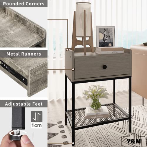 Y&M Nightstand, 1PC 2-Tier Side Table with Drawer, Modern Bedside Table Night Stand Storage Shelf for Small Spaces, Bedroom, Living Room, Wooden Accent Table with Metal Frame - Gray and Black